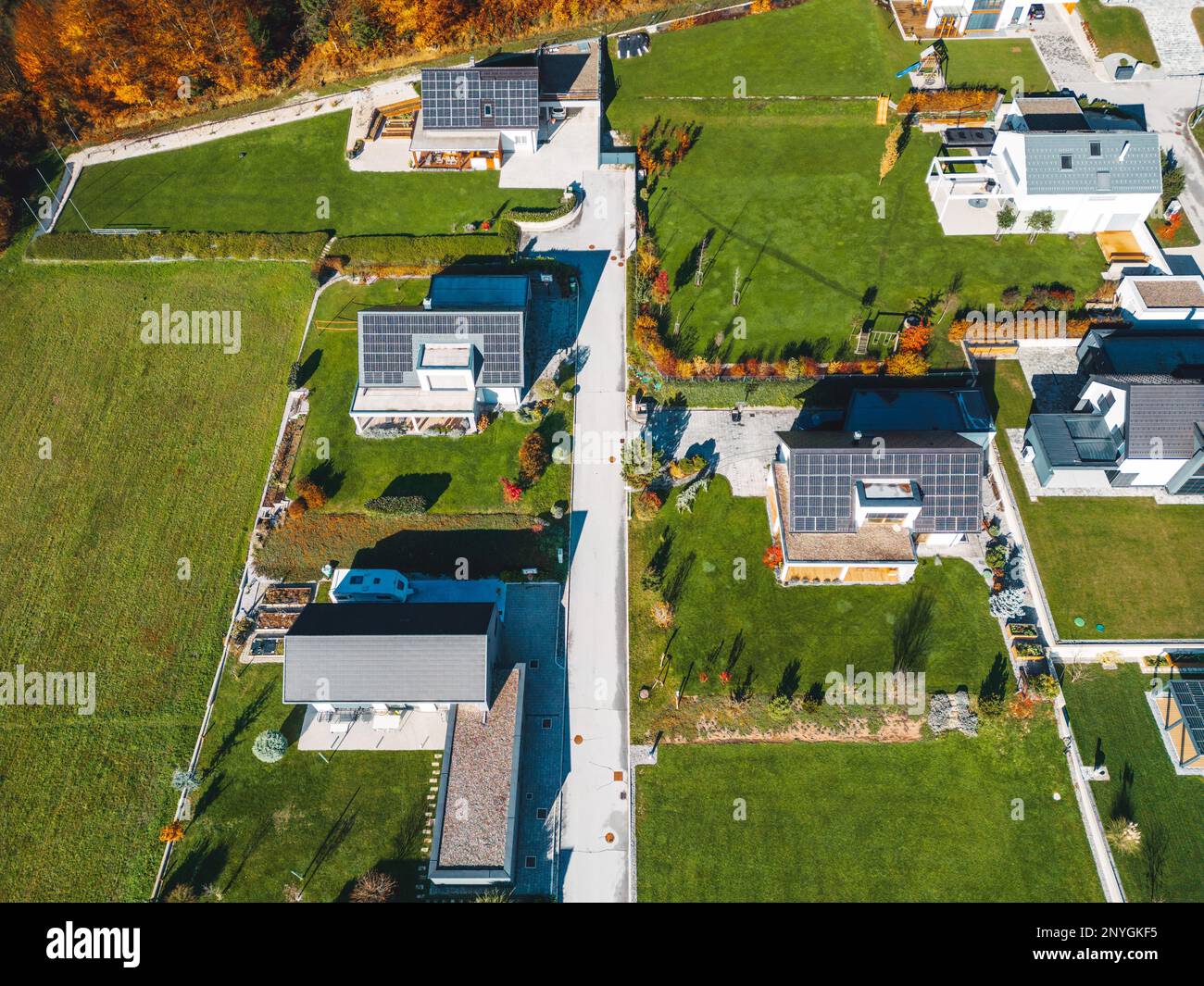 Top down view, directly above new housing development with almost all ...