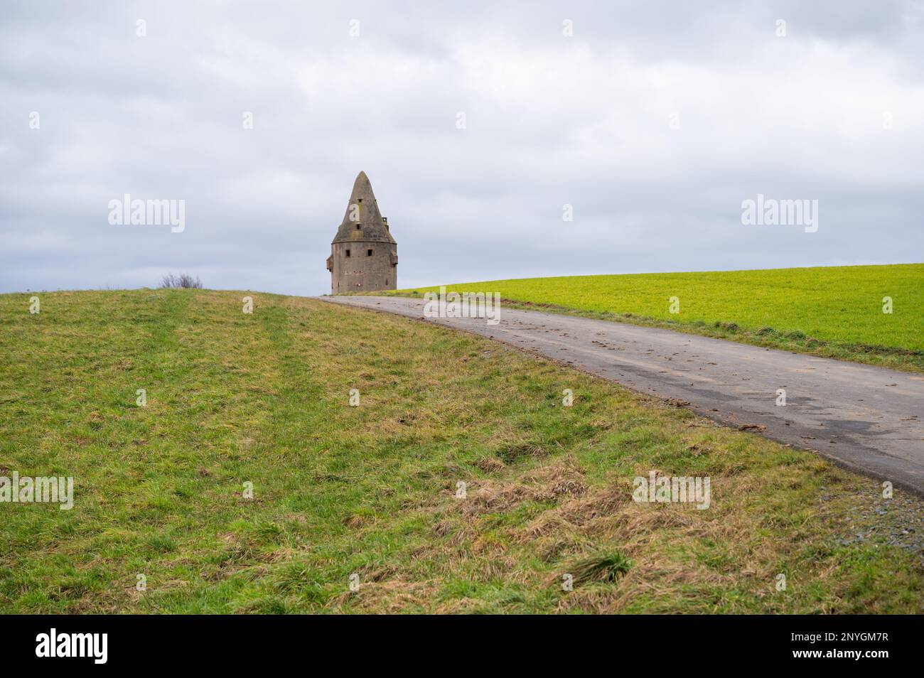Top of Wartturm at the horizon, Schaafheim, Germany with agricultural ...