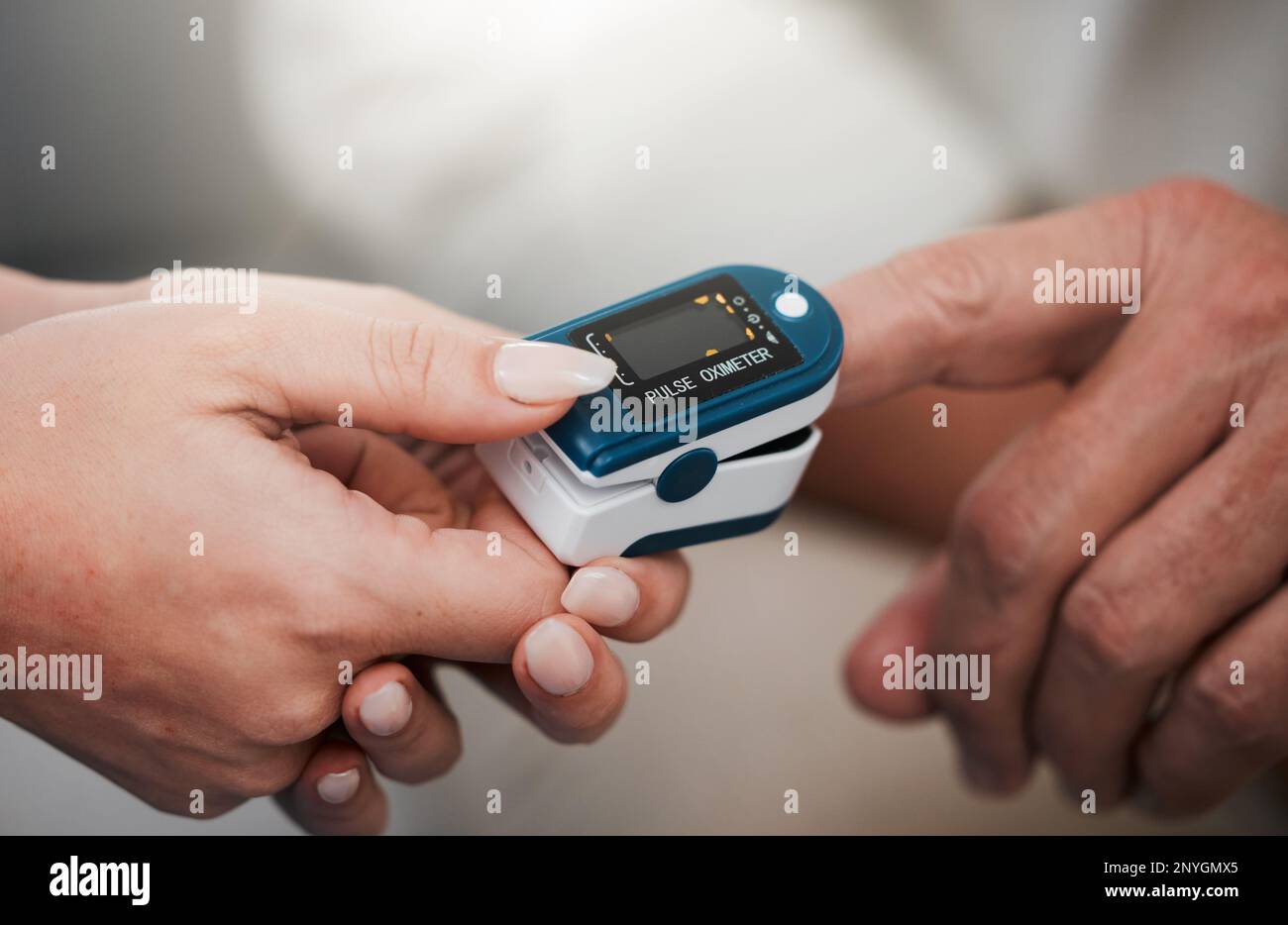 Blood pressure, hand technology and nurse helping patient for ...