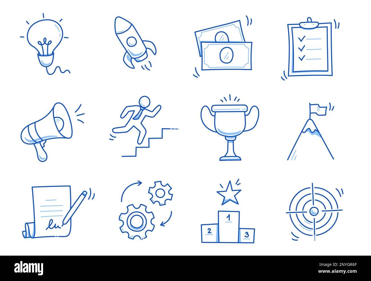 Doodle business icon set. Success, target, goal hand drawn sketch blue ...