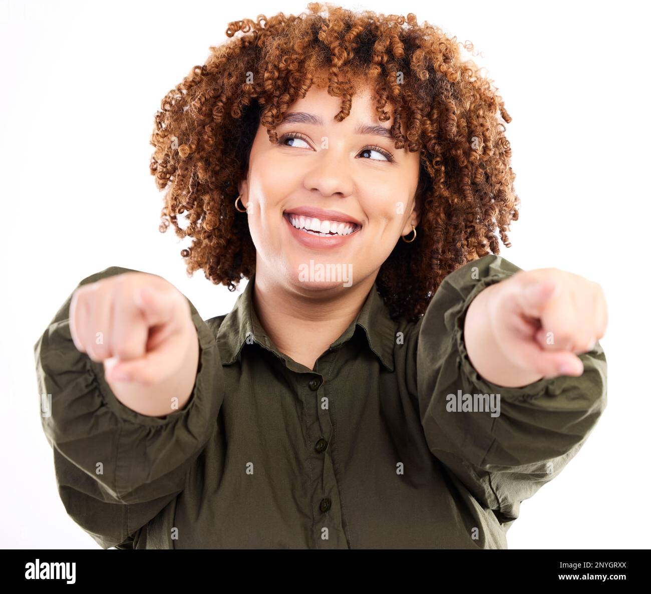 Pointing, thinking and motivation with a black woman in studio isolated ...