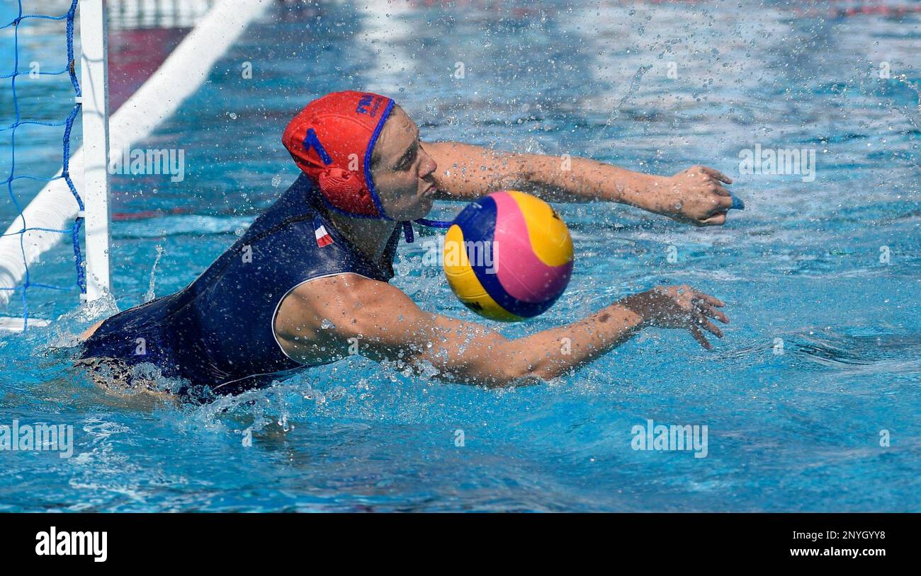 France's Lou Louise Counil makes a save during the women's water polo ...