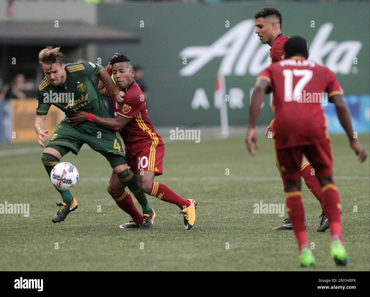Real Salt Lake's Joao Plata (10) and Portland Timbers' Chance Myers (4 ...