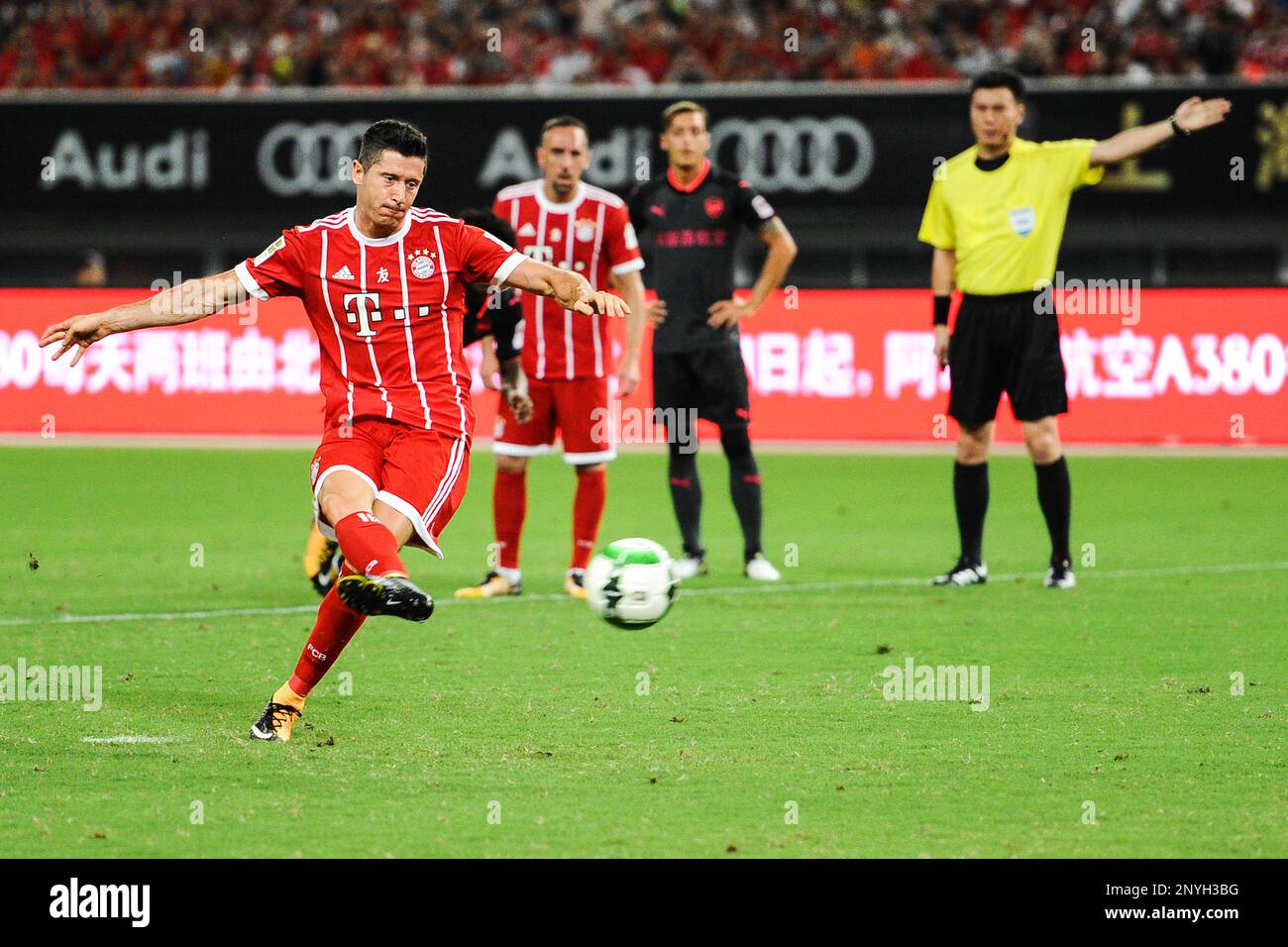 Polish football player Robert Lewandowski of Bayern Munich kicks the ...