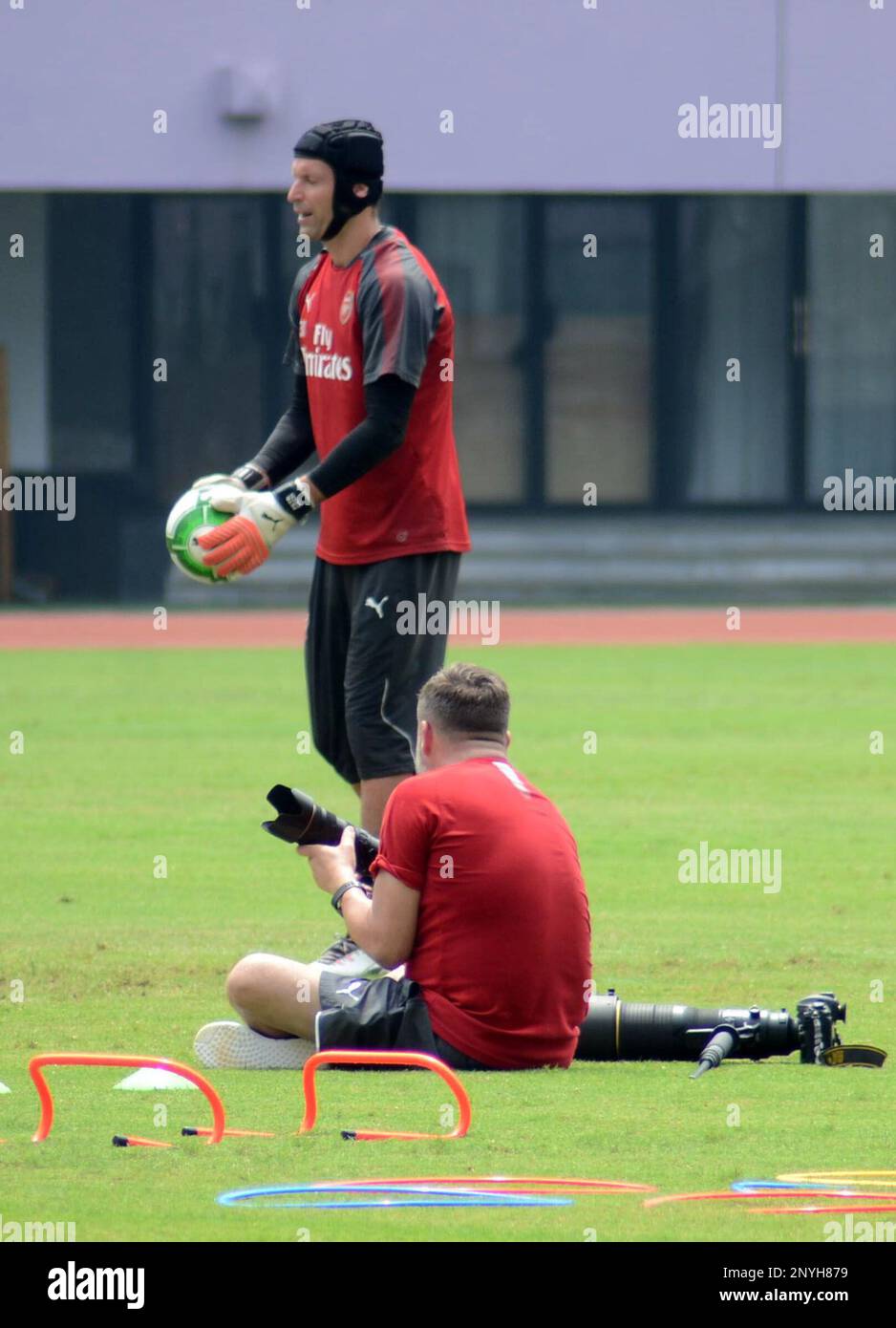 Czech football player Petr Cech, front, of Arsenal F.C. takes part in a ...