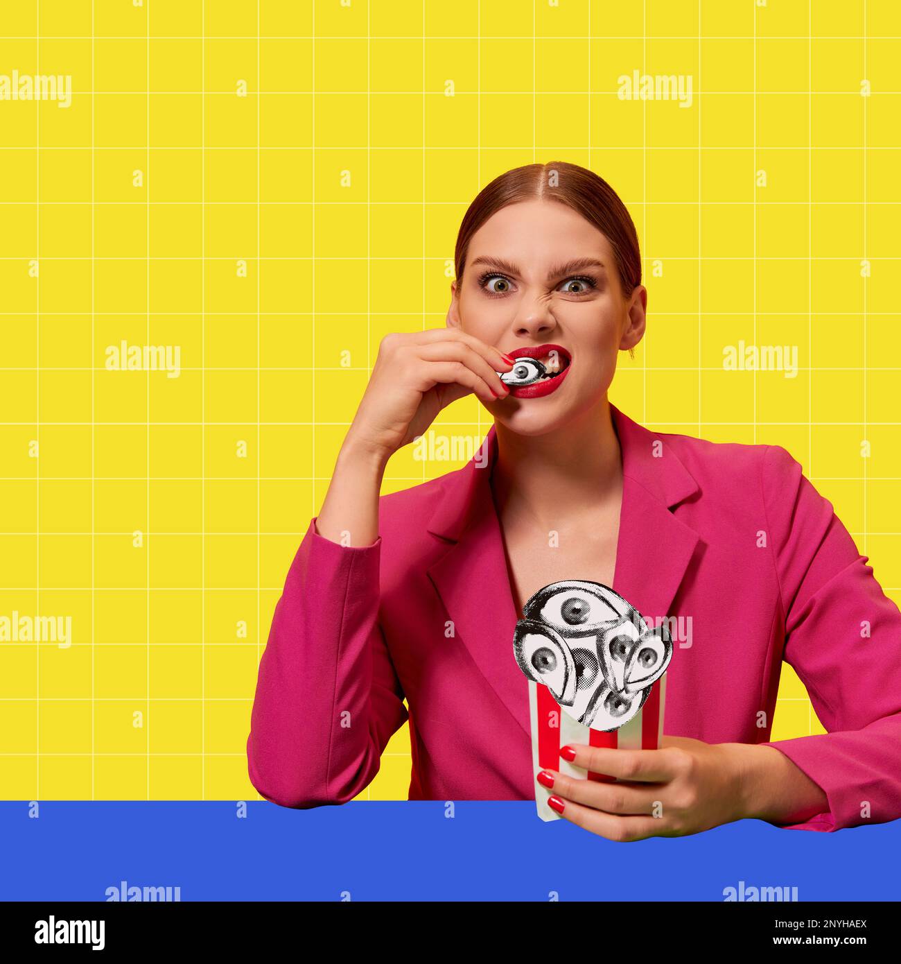 Contemporary art collage. Bright design. Young woman emotionally eating ...