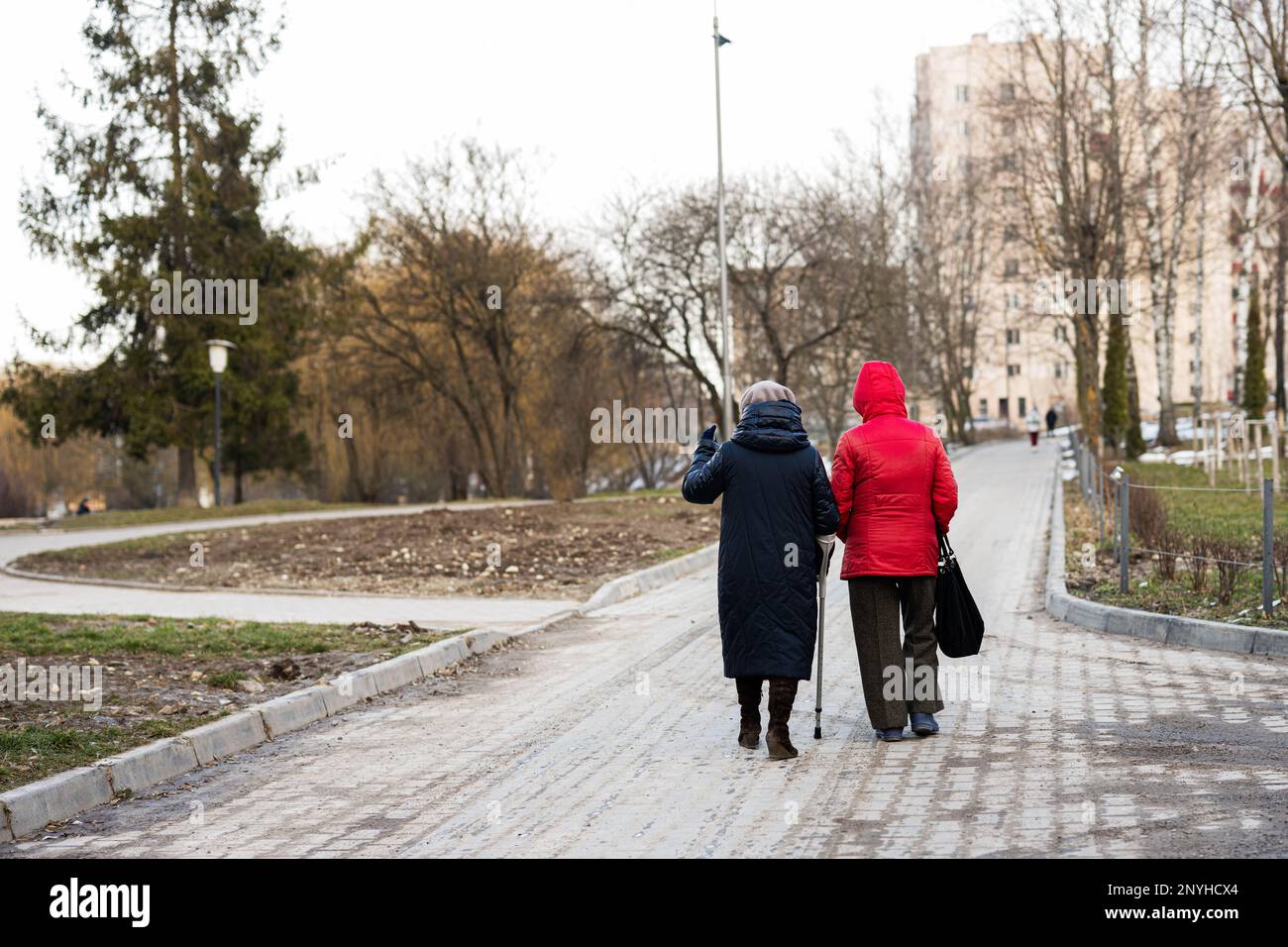 Two senior woman walking in an park. Back view, happy old friends Stock ...