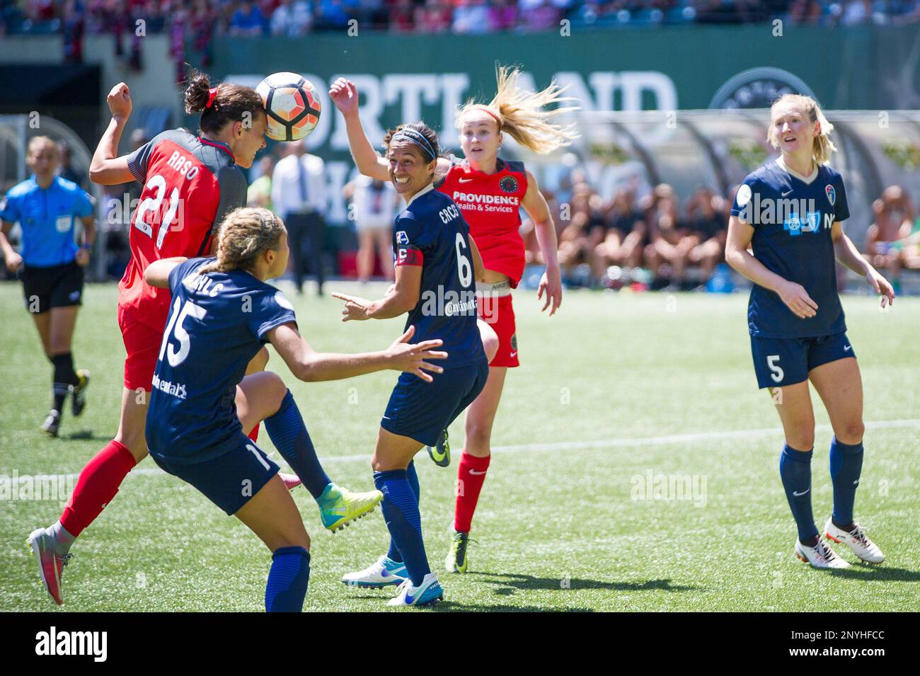 PORTLAND, OR - JULY 15: Portland Thorns midfielder Hayley Raso heads in ...