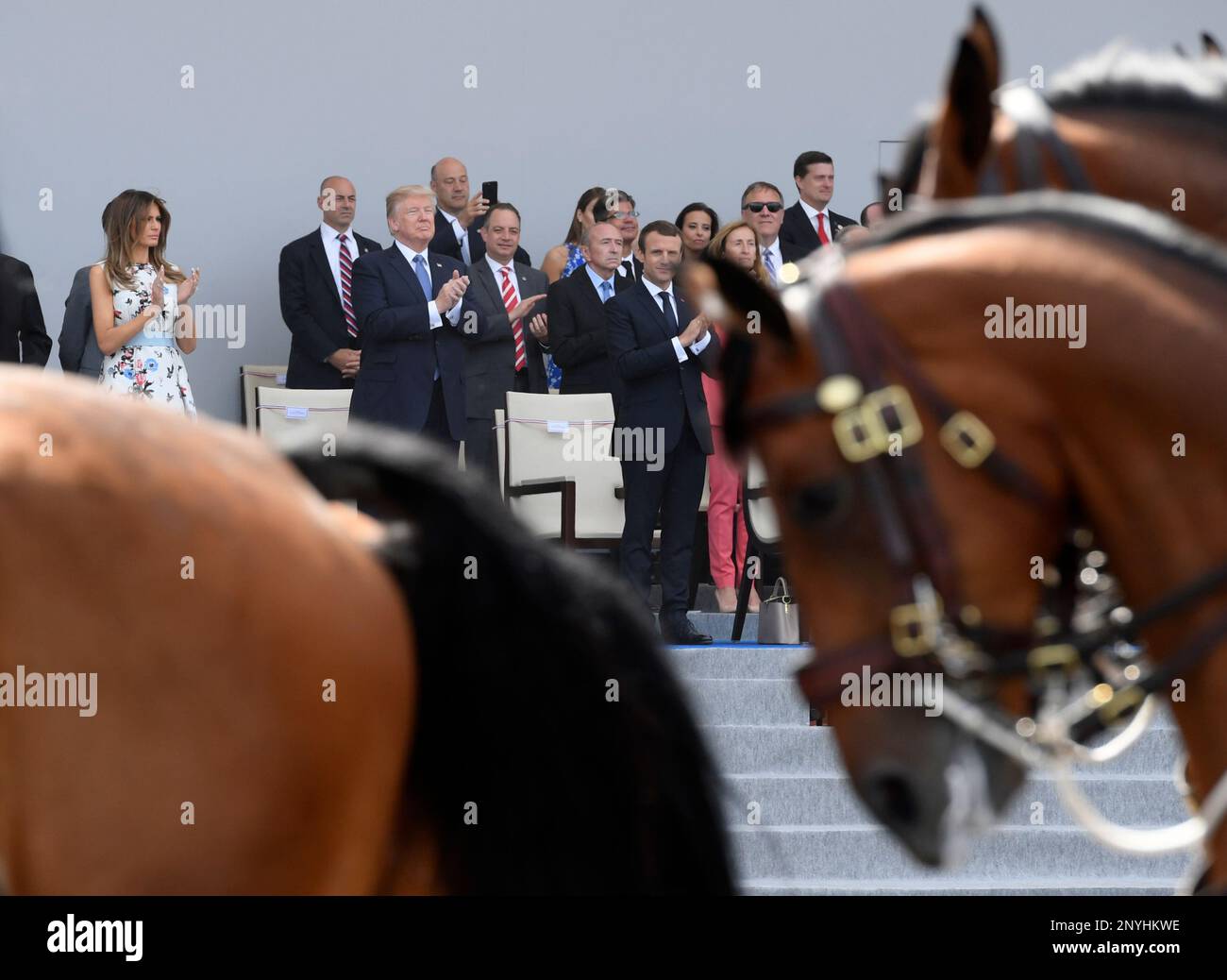 French President Emmanuel Macron and U.S President Donald Trump, center ...