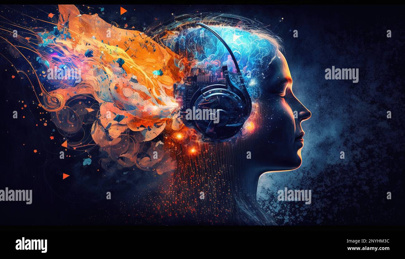 Creative music background. Colorful head wearing headphones. Sound ...