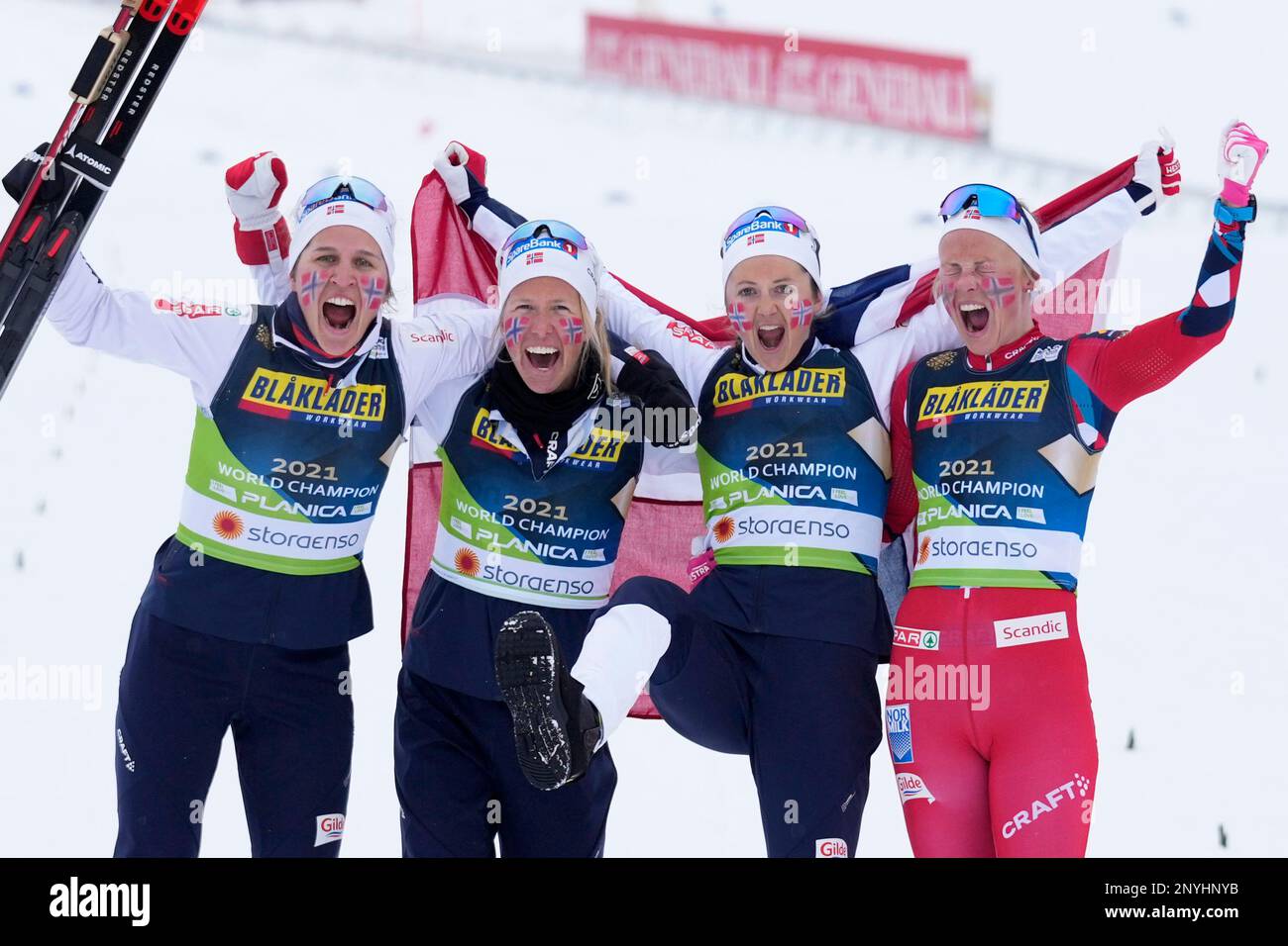 Norway's team celebrates after winning the Women's Cross Country 4 X 5 ...