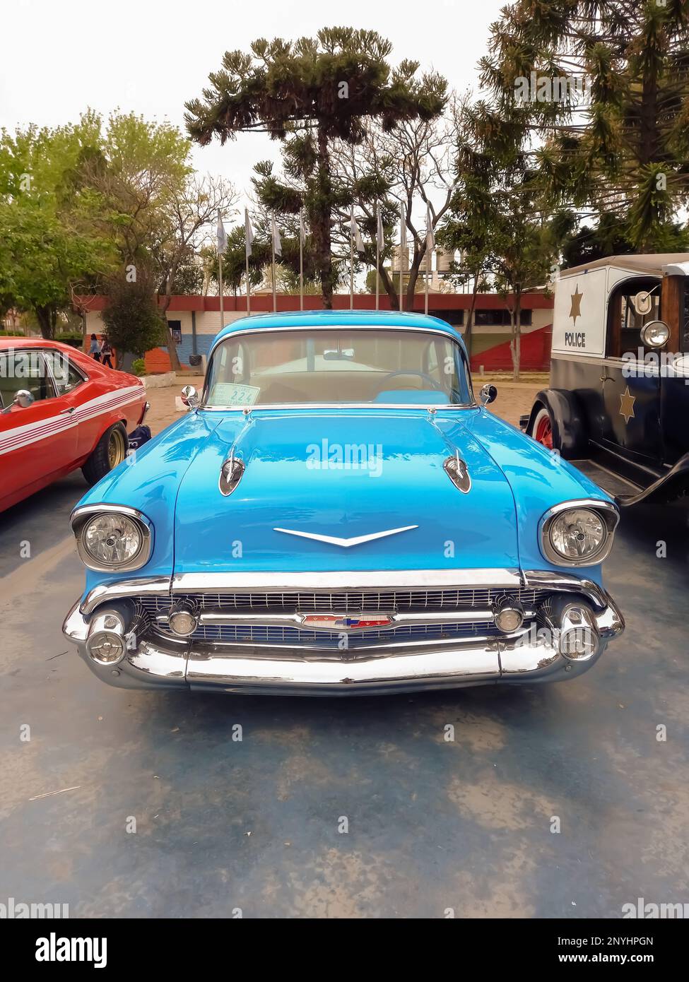 Lanus, Argentina - Sept 25, 2022: Old sky blue 1957 Chevrolet Chevy Bel ...