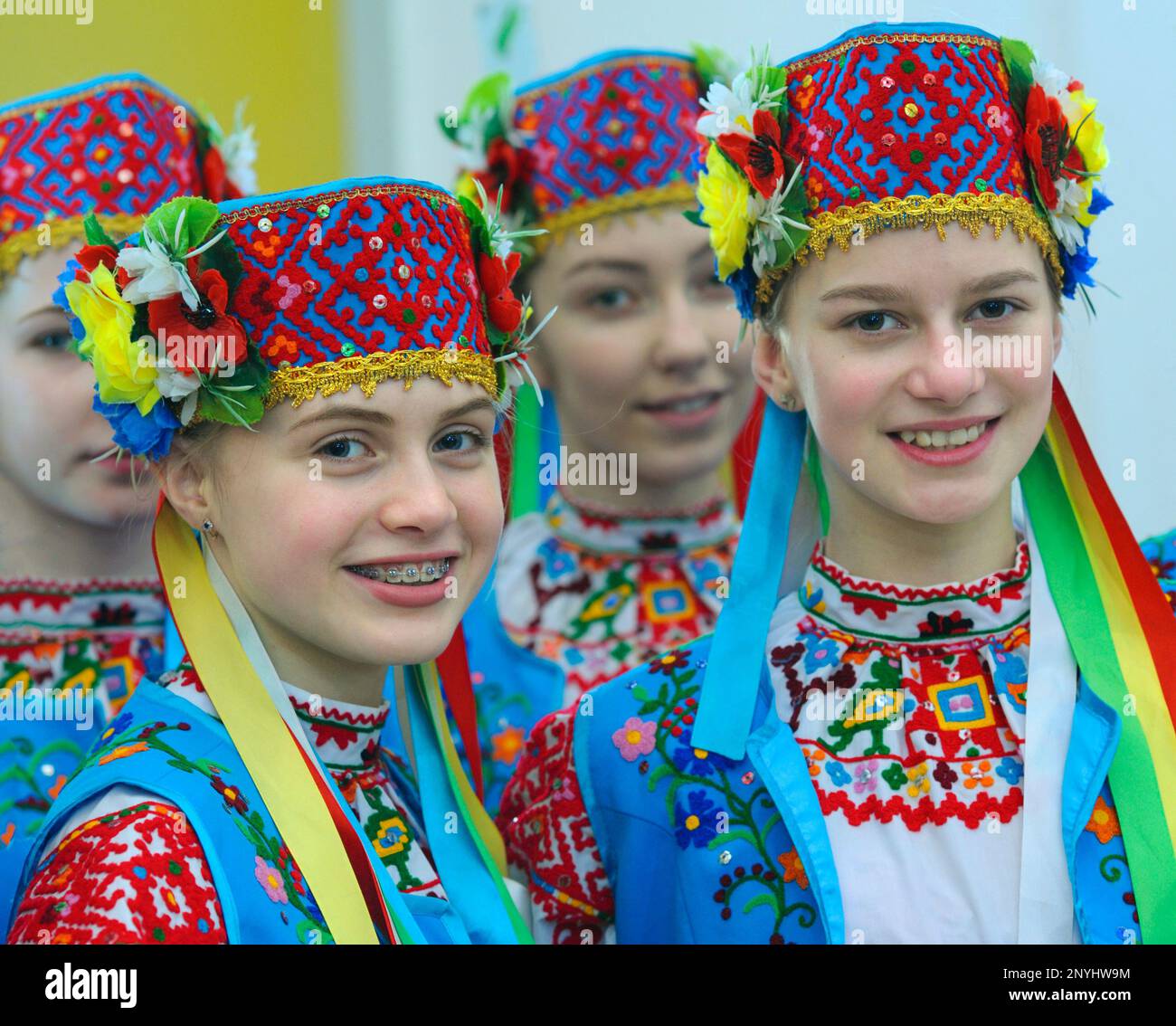 Teen girls dancers in Ukrainian national costumes waiting for ...