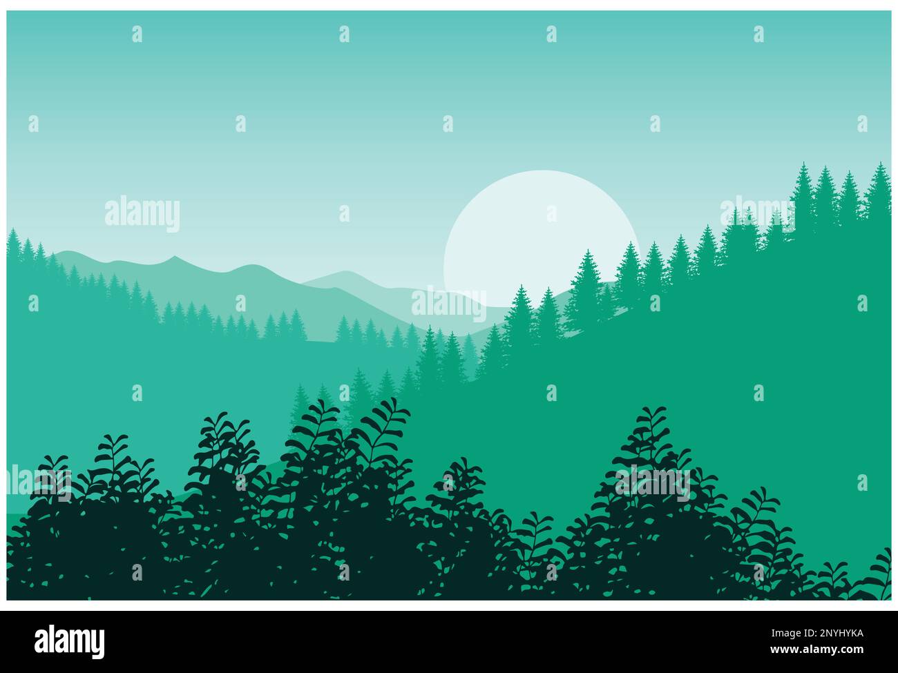 Vector illustration of a beautiful panoramic view. Mountains in fog ...