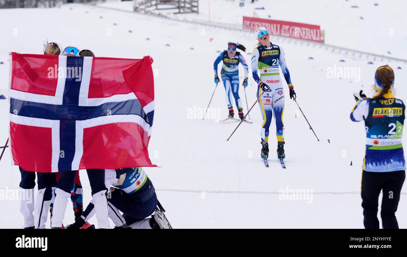 Ebba Andersson, of Sweden, right, cheers on teammate Maja Dahlqvist ...