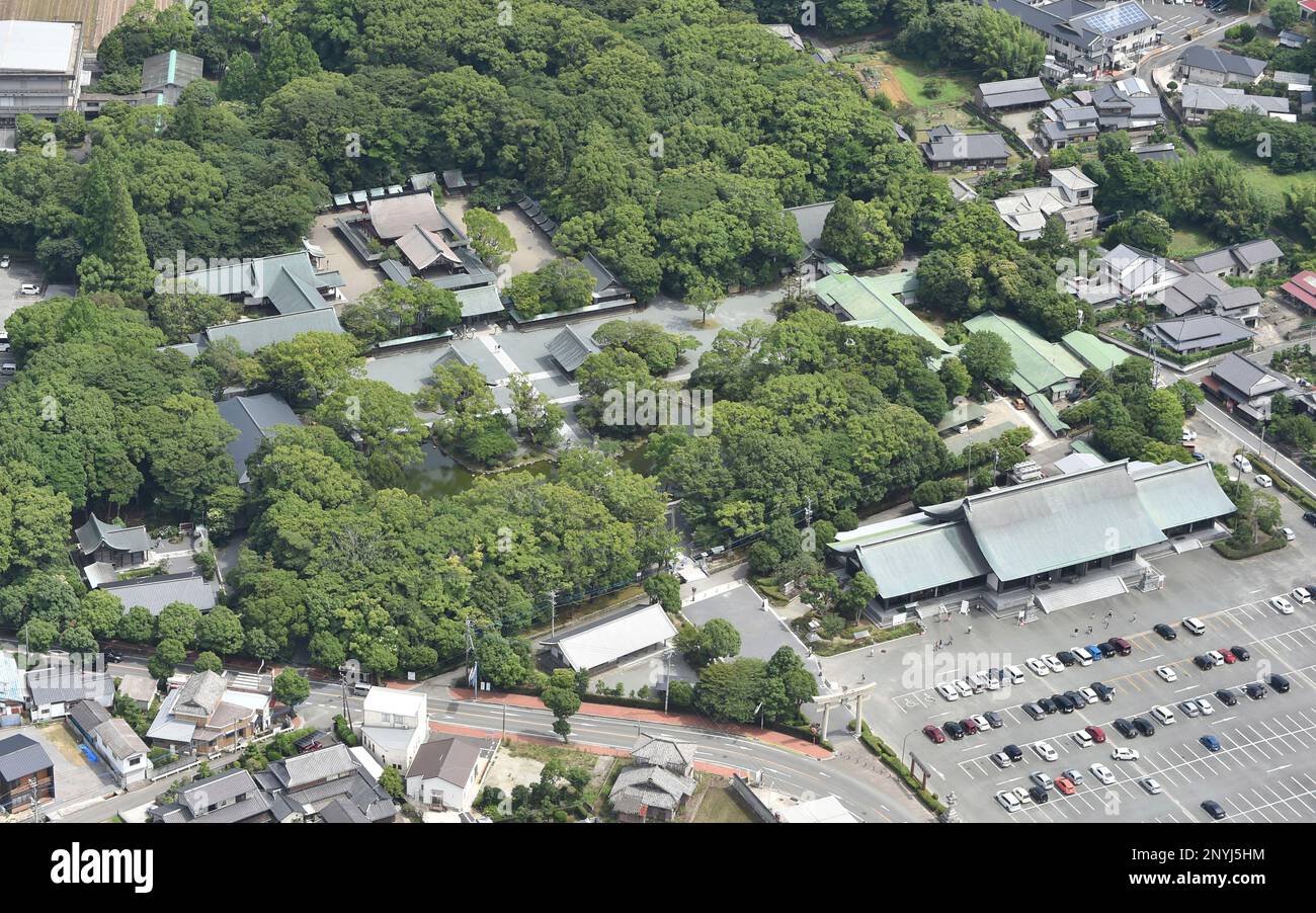 This aerial photo shows Munakata Taisha shrine Hetsumiya in Munakata ...