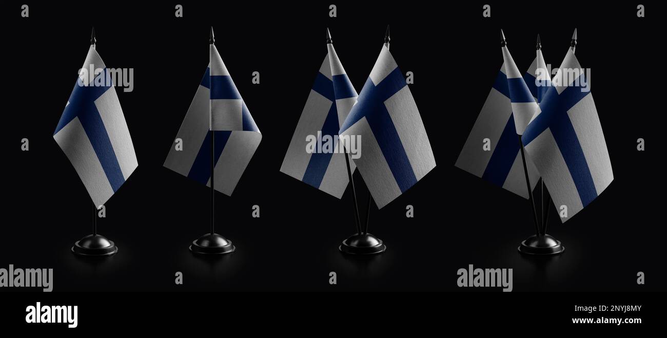 Small national flags of the Finland on a black background Stock Photo ...
