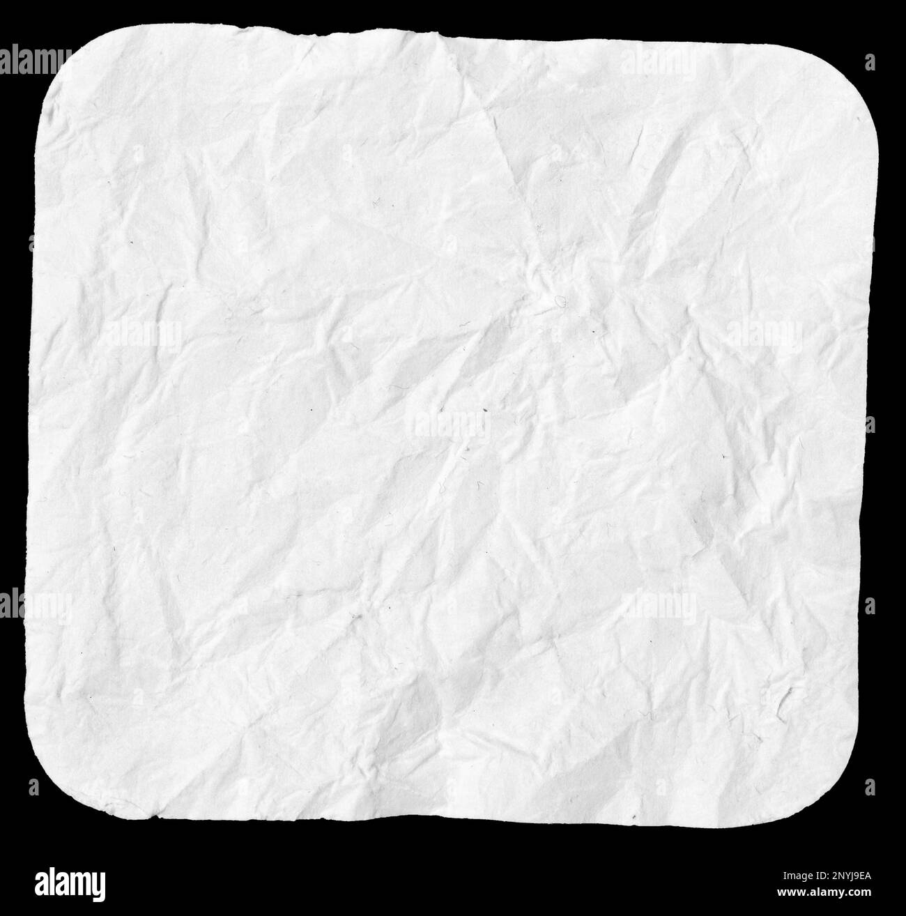 Blank white square shape card isolated on black background. Wrinkled ...