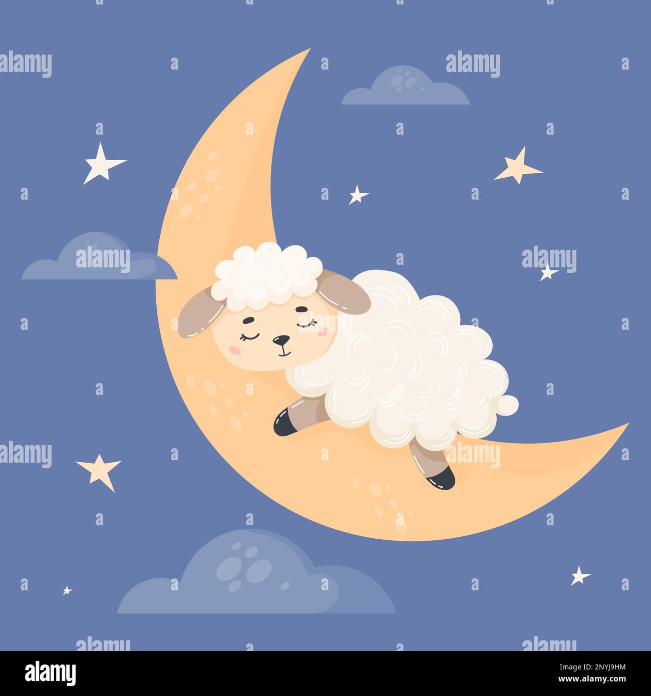 Cute sleeping sheep on moon in night sky with clouds. Vector ...