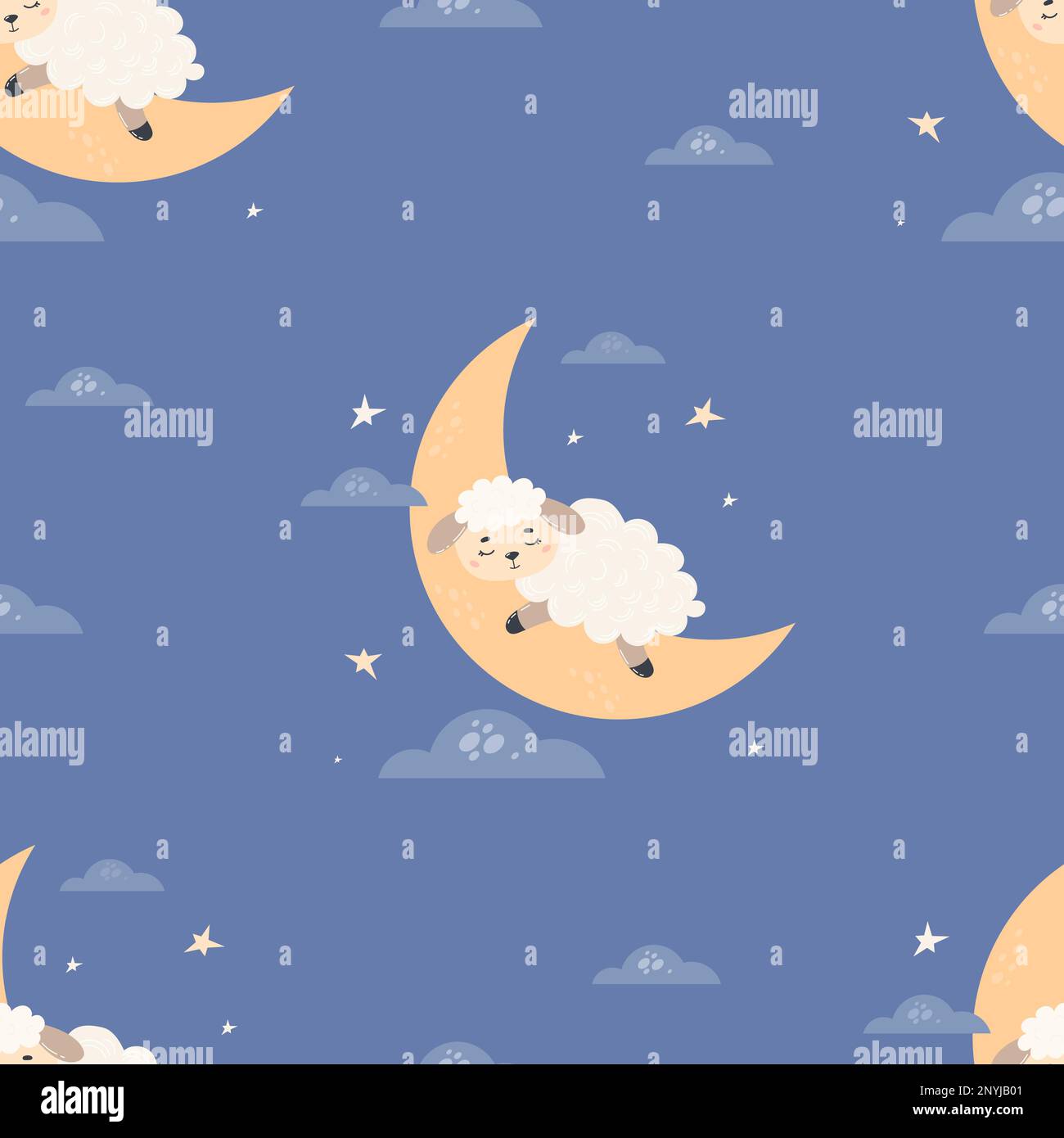Seamless pattern with cute sleeping sheep on moon on blue background ...