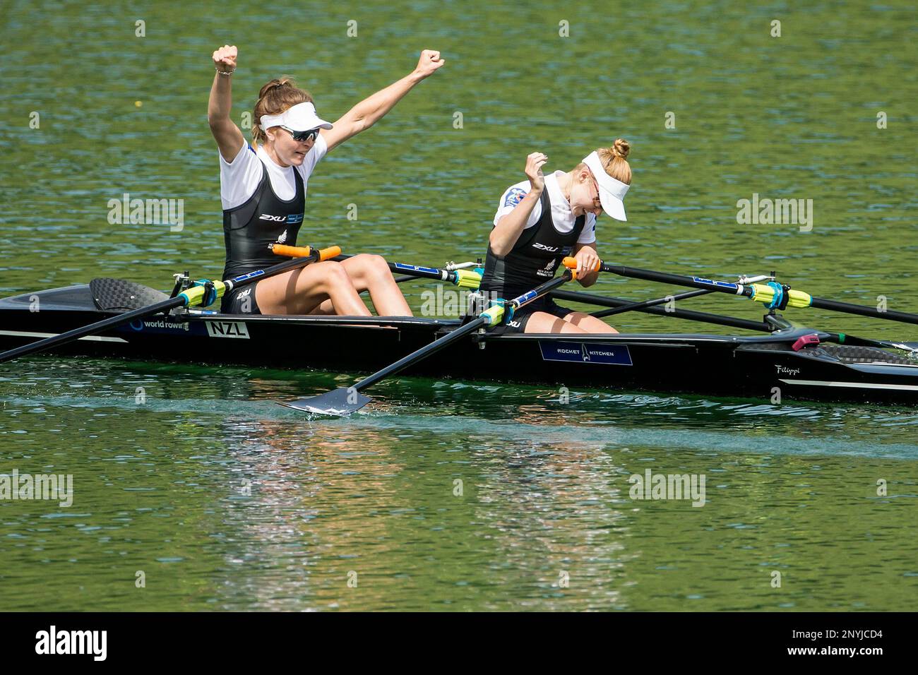 Zoe Mcbride and Jackie Kiddle, from left, of New Zealand celebrate ...