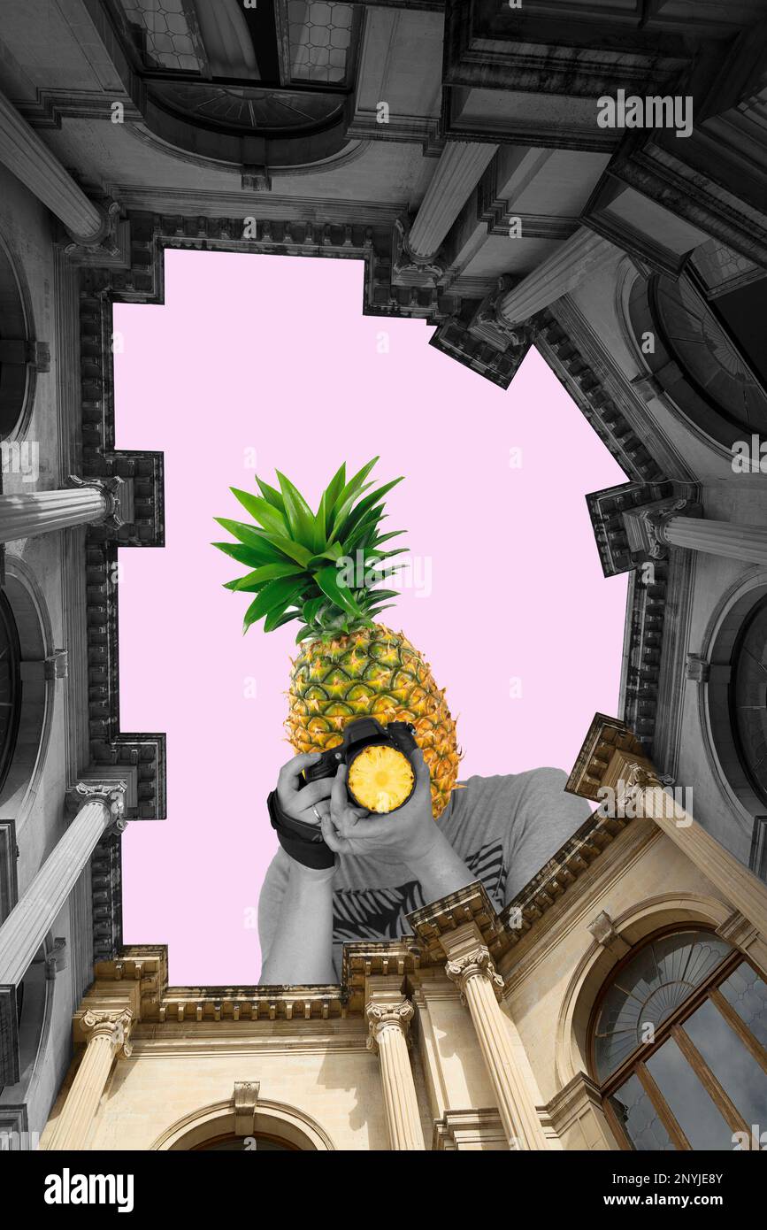 Art collage, bottom-up view of a man taking pictures from a building on ...