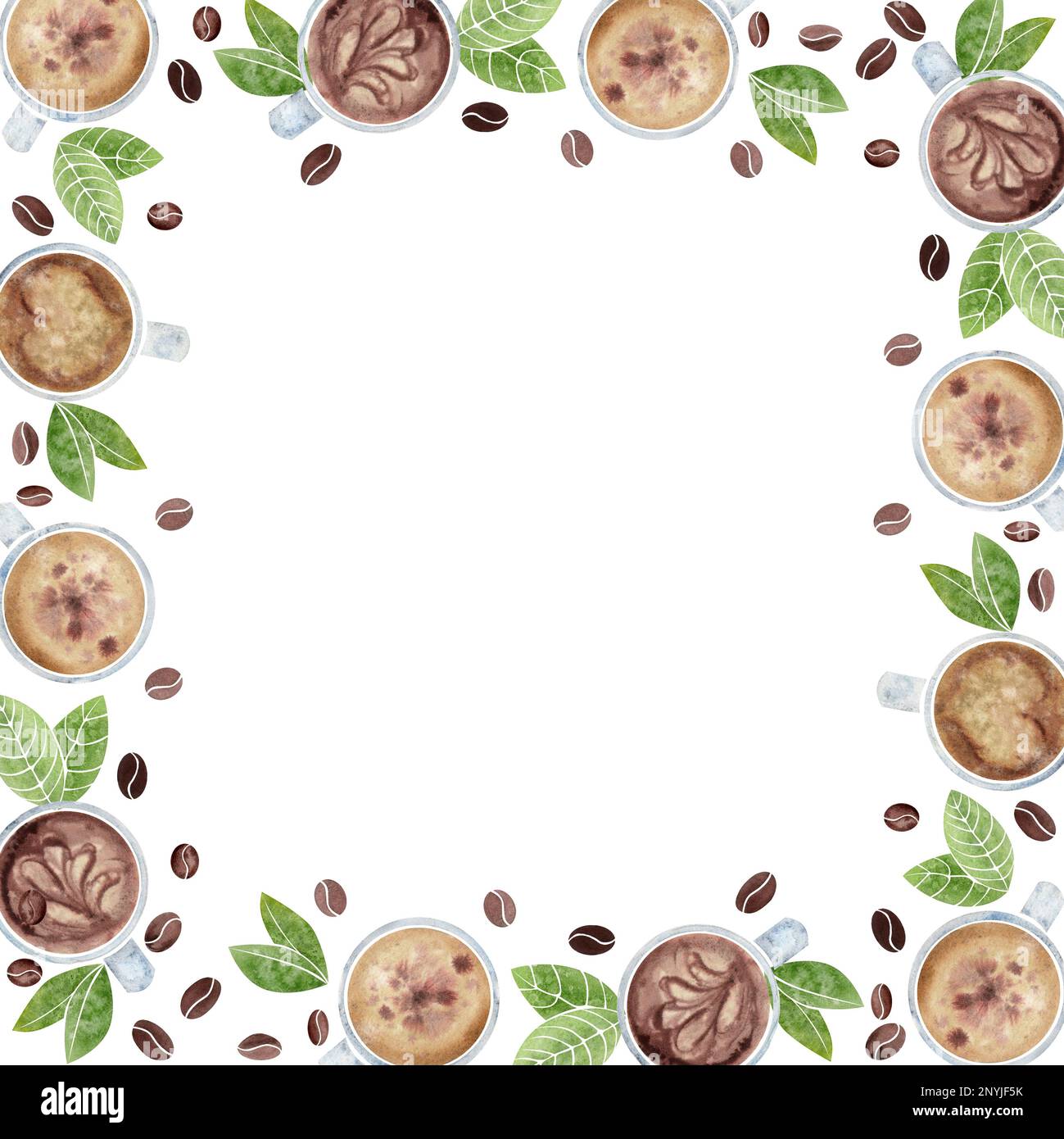 Watercolor hand drawn border frame with capuccino coffee cups, fresh and roasted beans, green ...