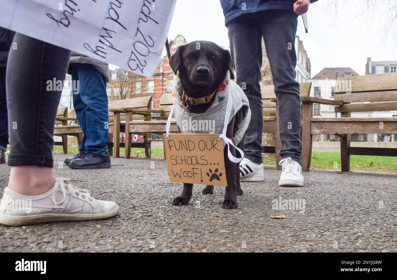 London, UK. 2nd March 2023. A dog joins the protest. Teachers marched ...
