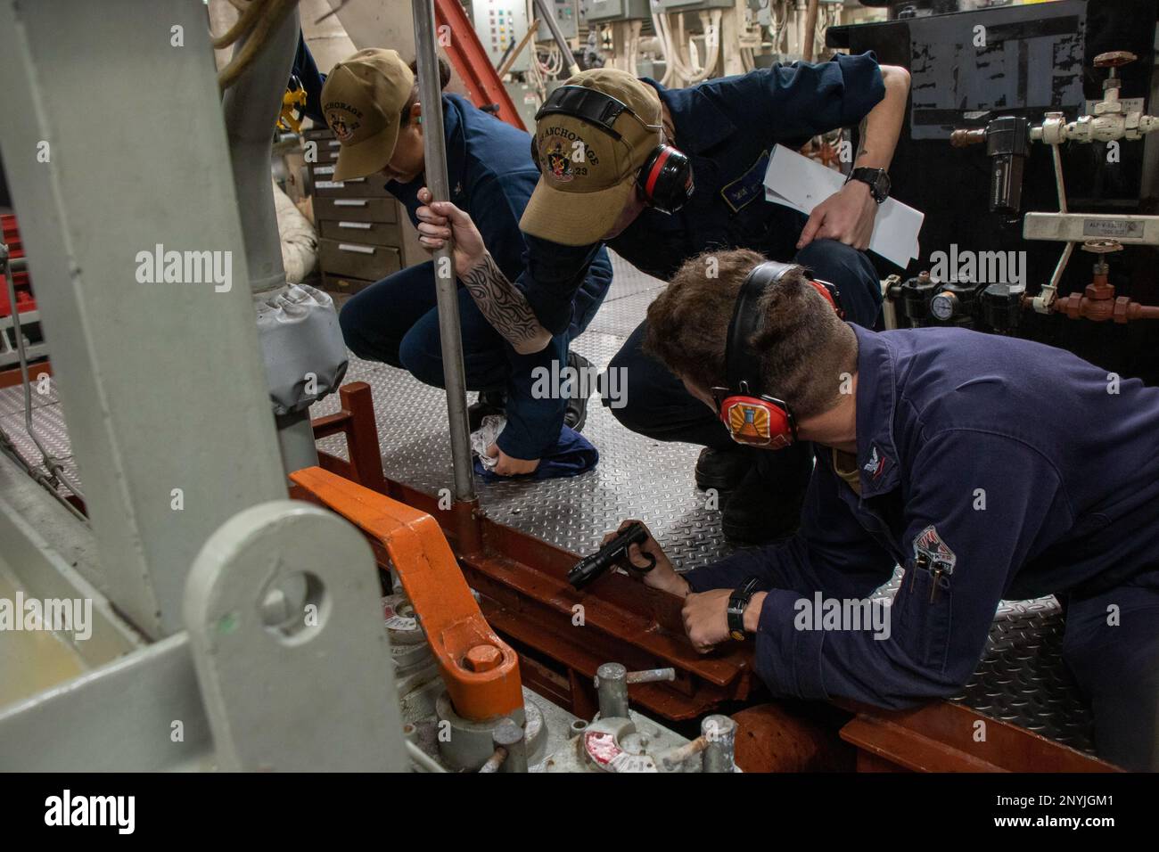 SINGAPORE (Feb. 17, 2023) – Sailors inspect a control pitch propeller ...