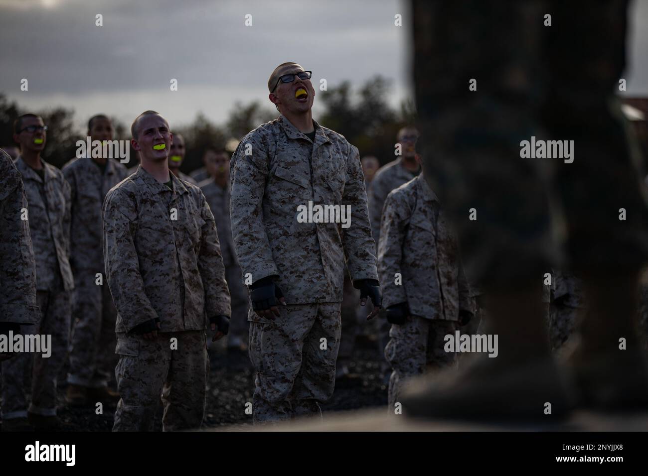 U.S. Marine Corps recruits with Kilo Company, 3rd Recruit Training Battalion, participate in a ...