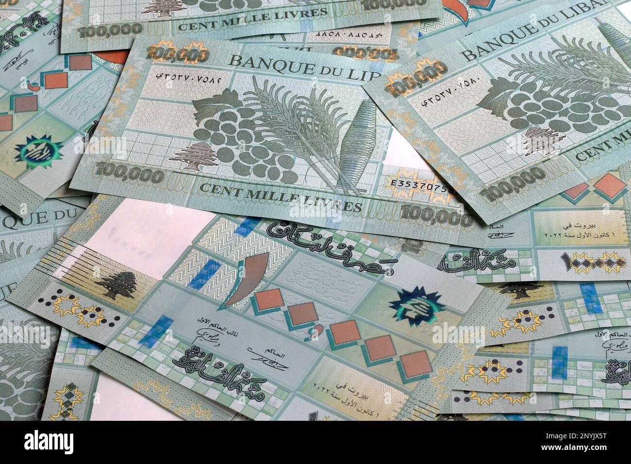 Stacks of Lebanese pounds, 100,000 denomination, symbolizing the ...