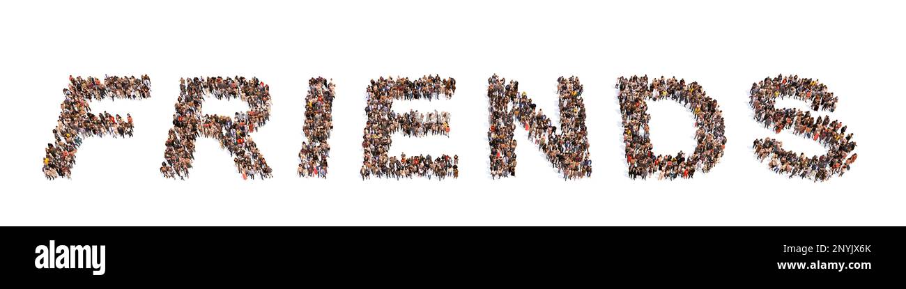 Conceptual large community of people forming the word FRIENDS. 3d ...