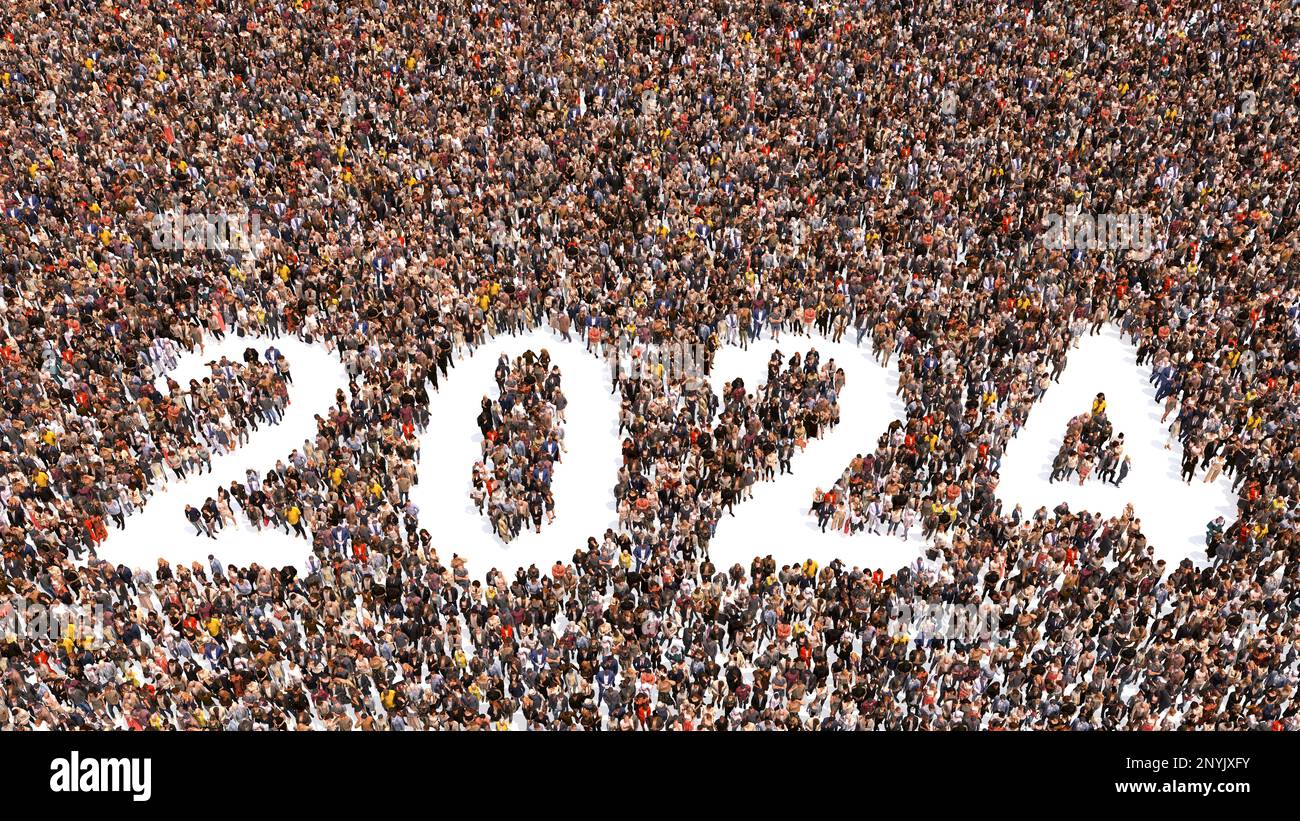 Concept or conceptual large community of people forming 2024 year. 3d ...