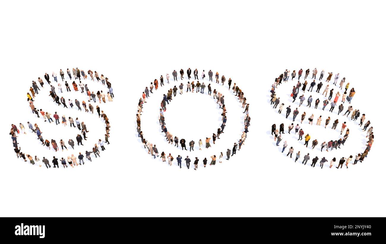 Conceptual large community of people forming SOS message. 3d ...