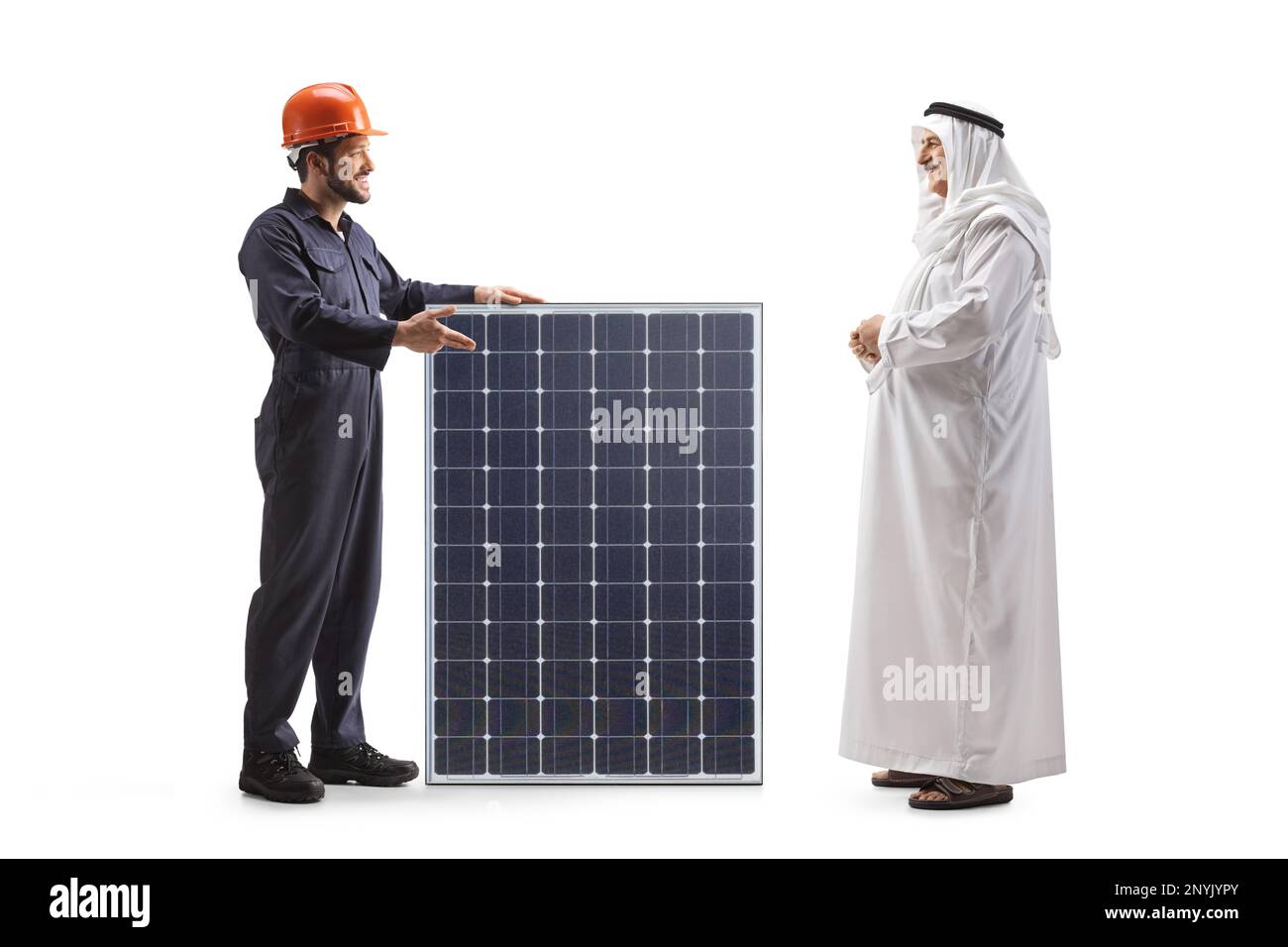 Factory worker with a solar panel talking to an arab man isolated on ...