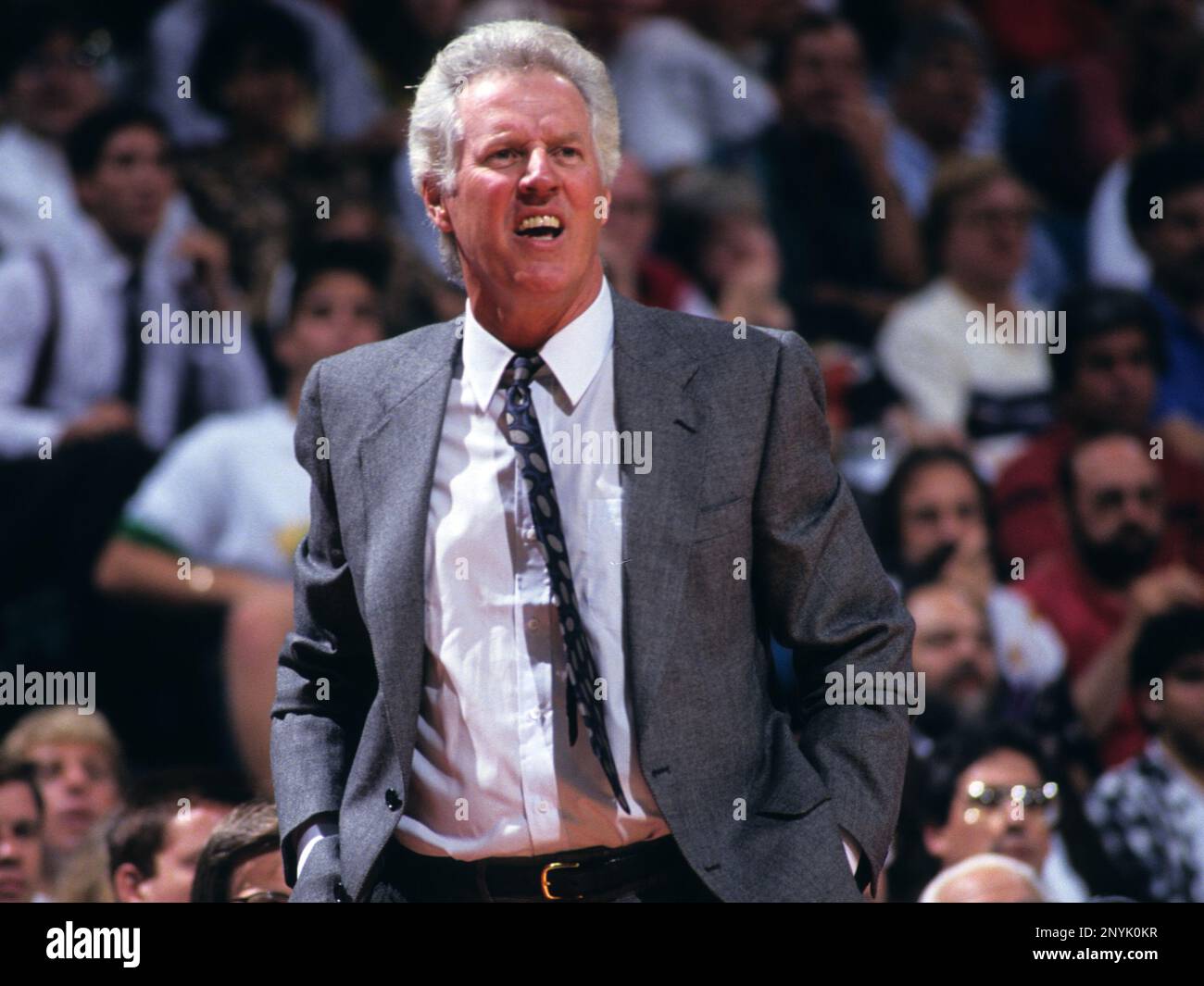 Miami Heat coach Kevin Loughery watches play during an NBA basketball ...