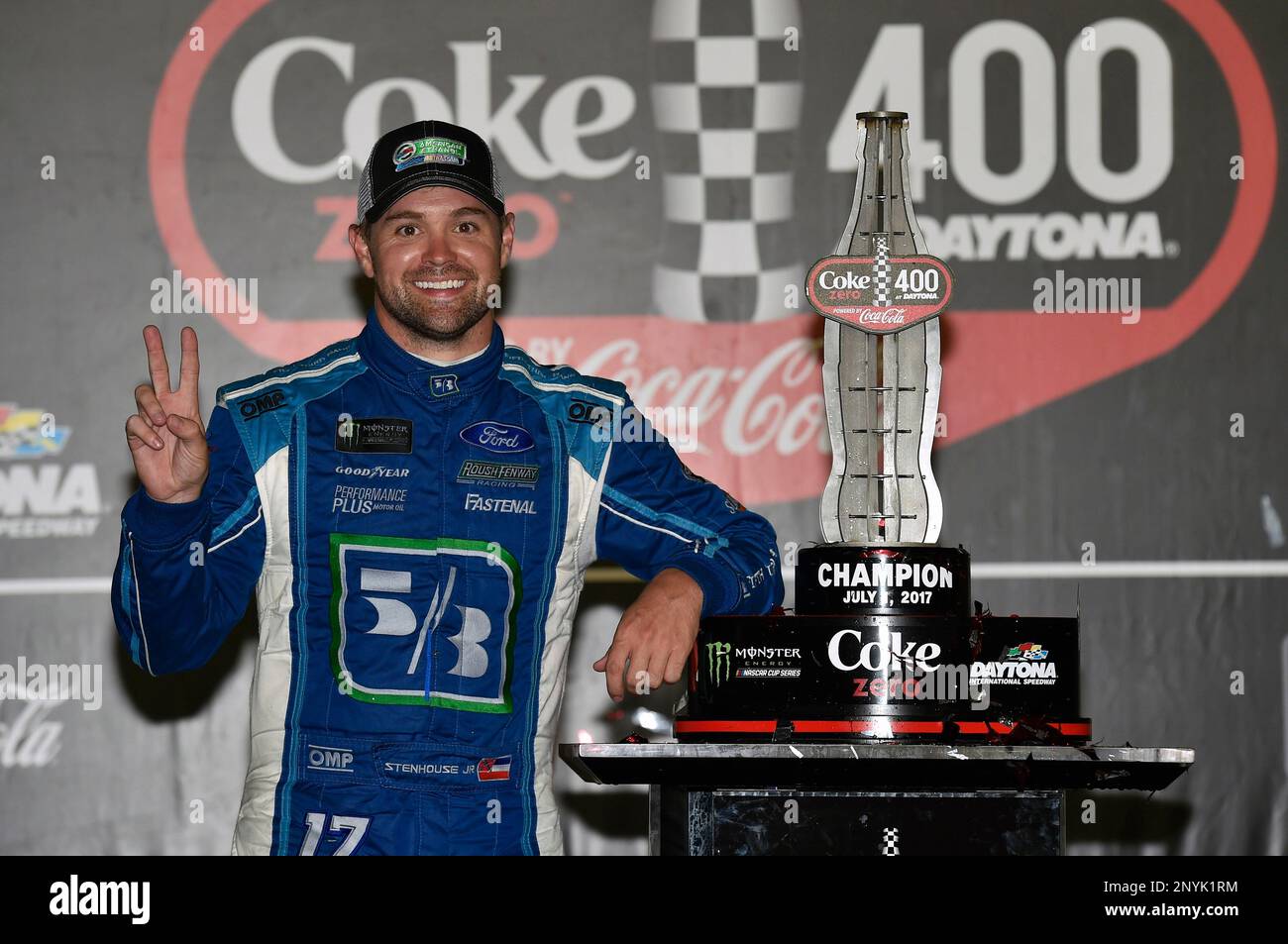 Ricky Stenhouse Jr. (17) celebrates his win during the NASCAR Monster ...