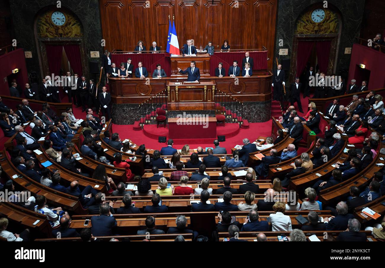 French President Emmanuel Macron speaks during a special congress ...