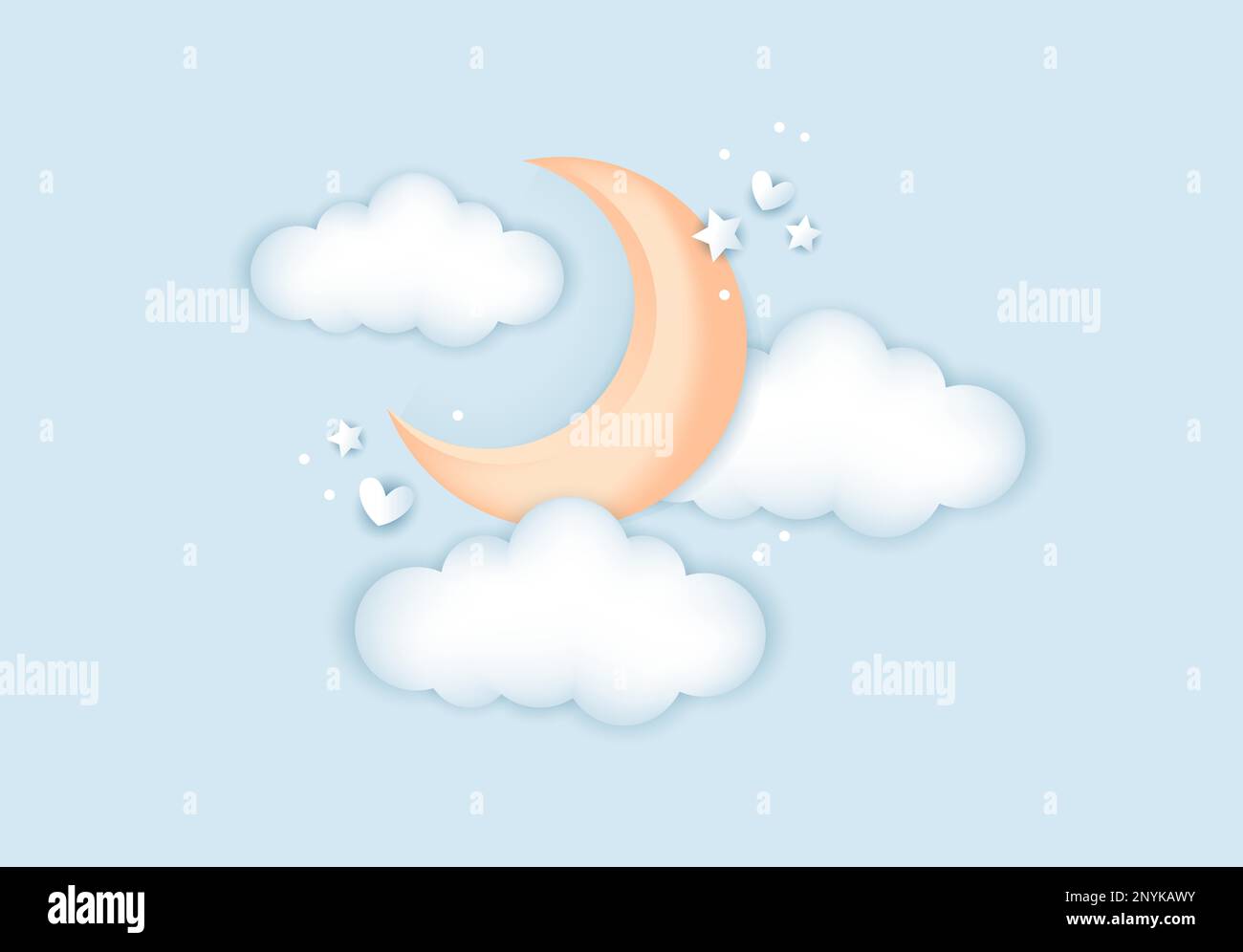 3d baby shower, moon with clouds for kids design in pastel colors. Cute ...