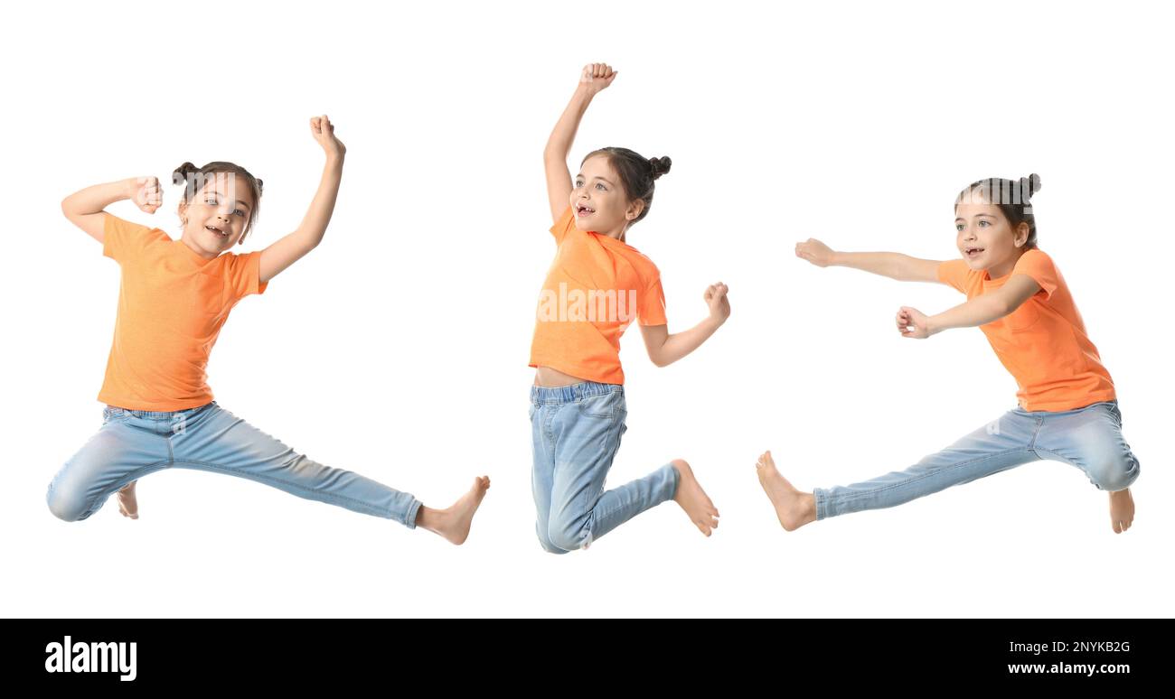 Cute little girl jumping on white background, collage. Banner design ...
