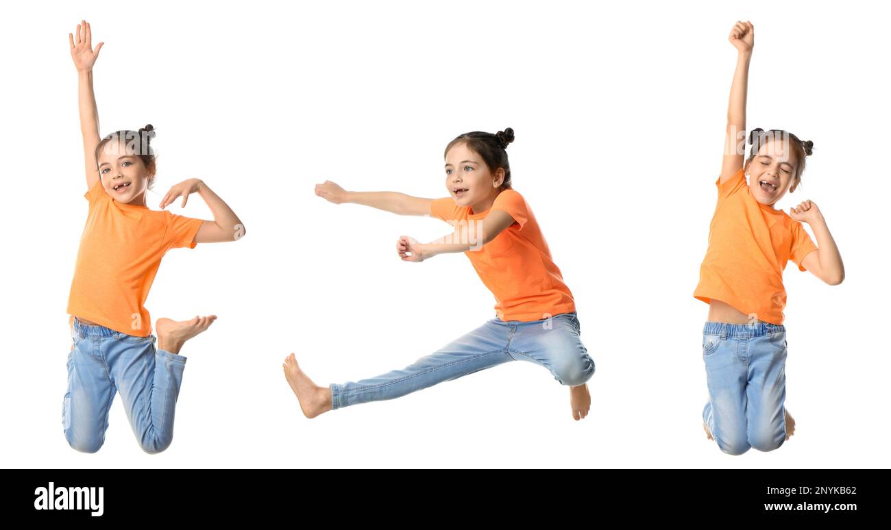 Cute little girl jumping on white background, collage. Banner design ...