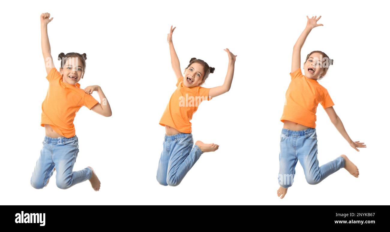 Cute little girl jumping on white background, collage. Banner design ...