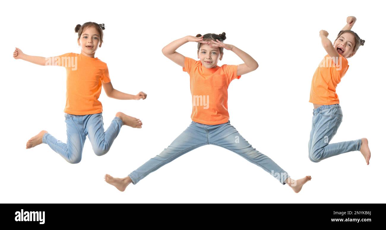 Cute little girl jumping on white background, collage. Banner design ...