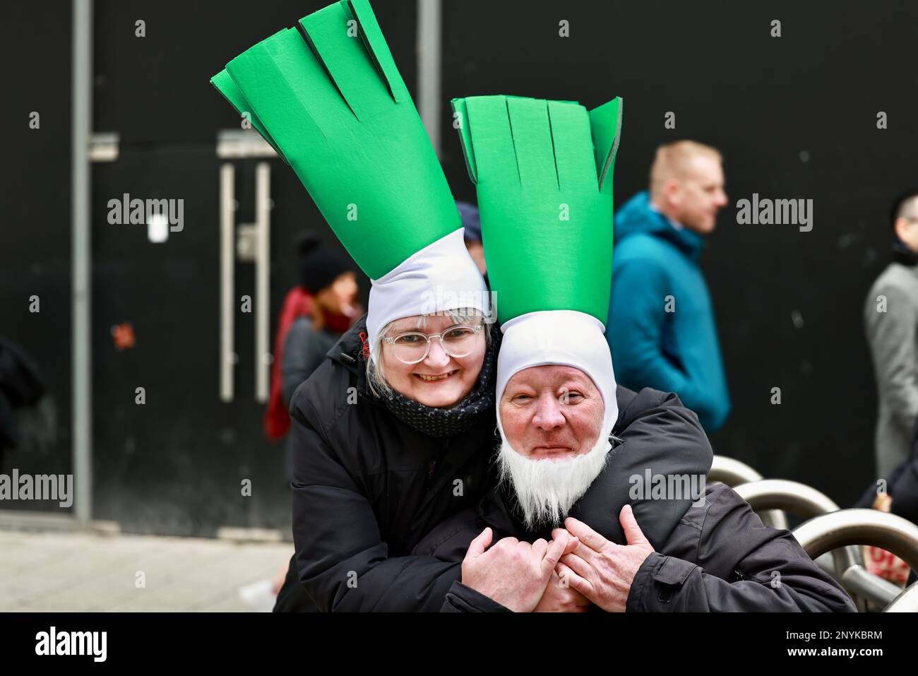 Cardiff, UK. 01st Mar, 2023. Parade participants seen wearing leek ...