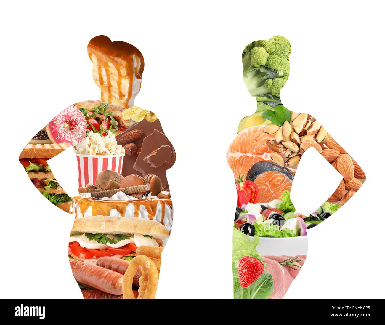 Silhouettes of overweight and slim women filled with unhealthy and ...