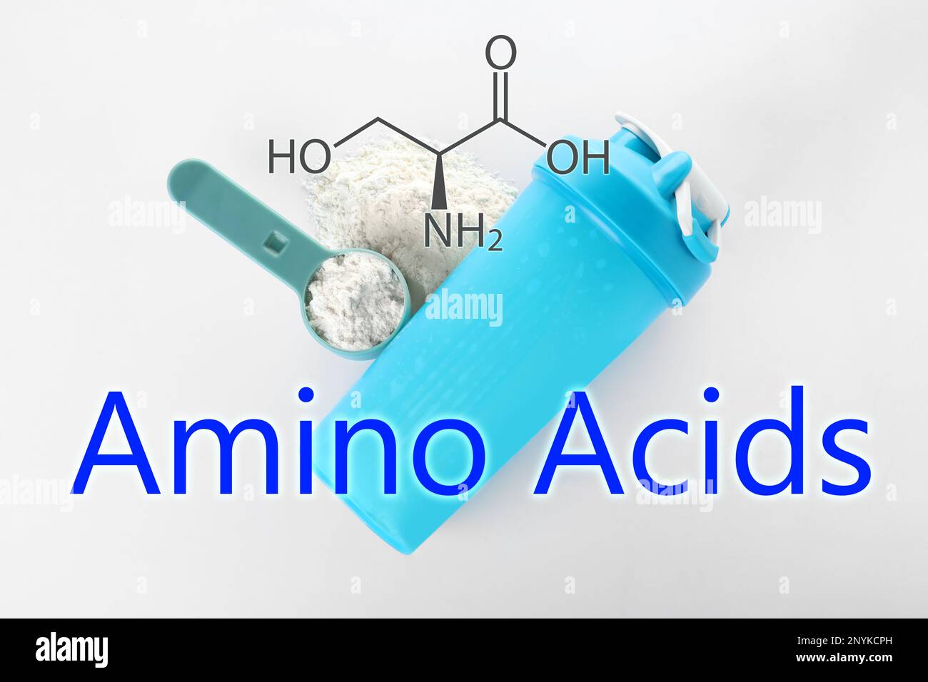 Measuring scoop of amino acids powder and sports bottle on white ...