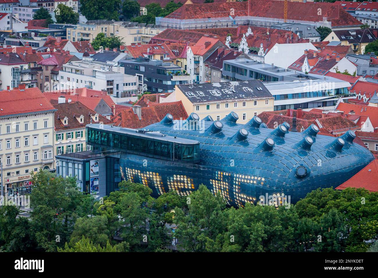 Roofs of the city and Kunsthaus, Graz Art Museum, view from Schlossberg ...