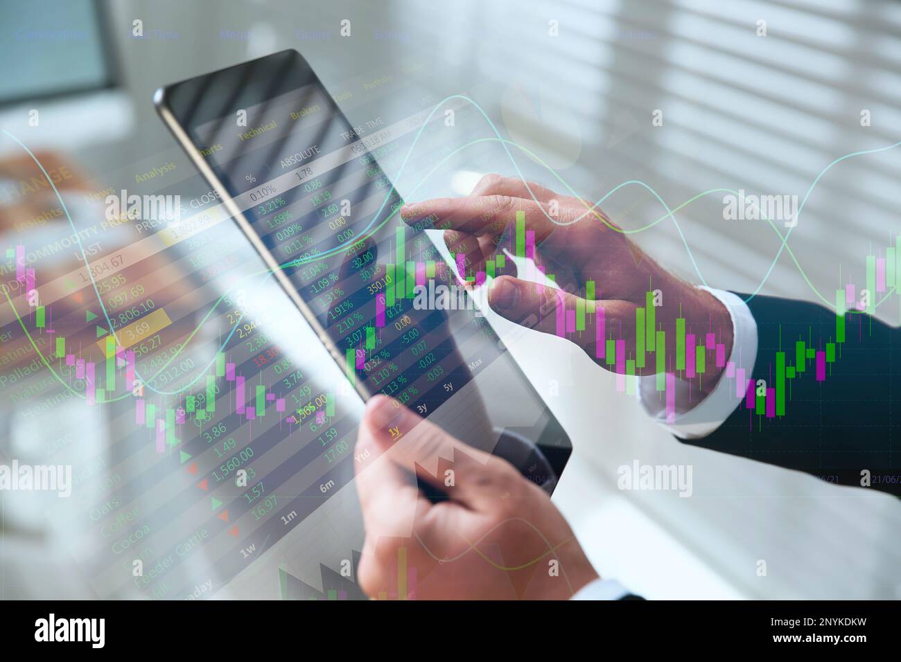 Stock exchange. Man using tablet and illustration of rating graph Stock ...
