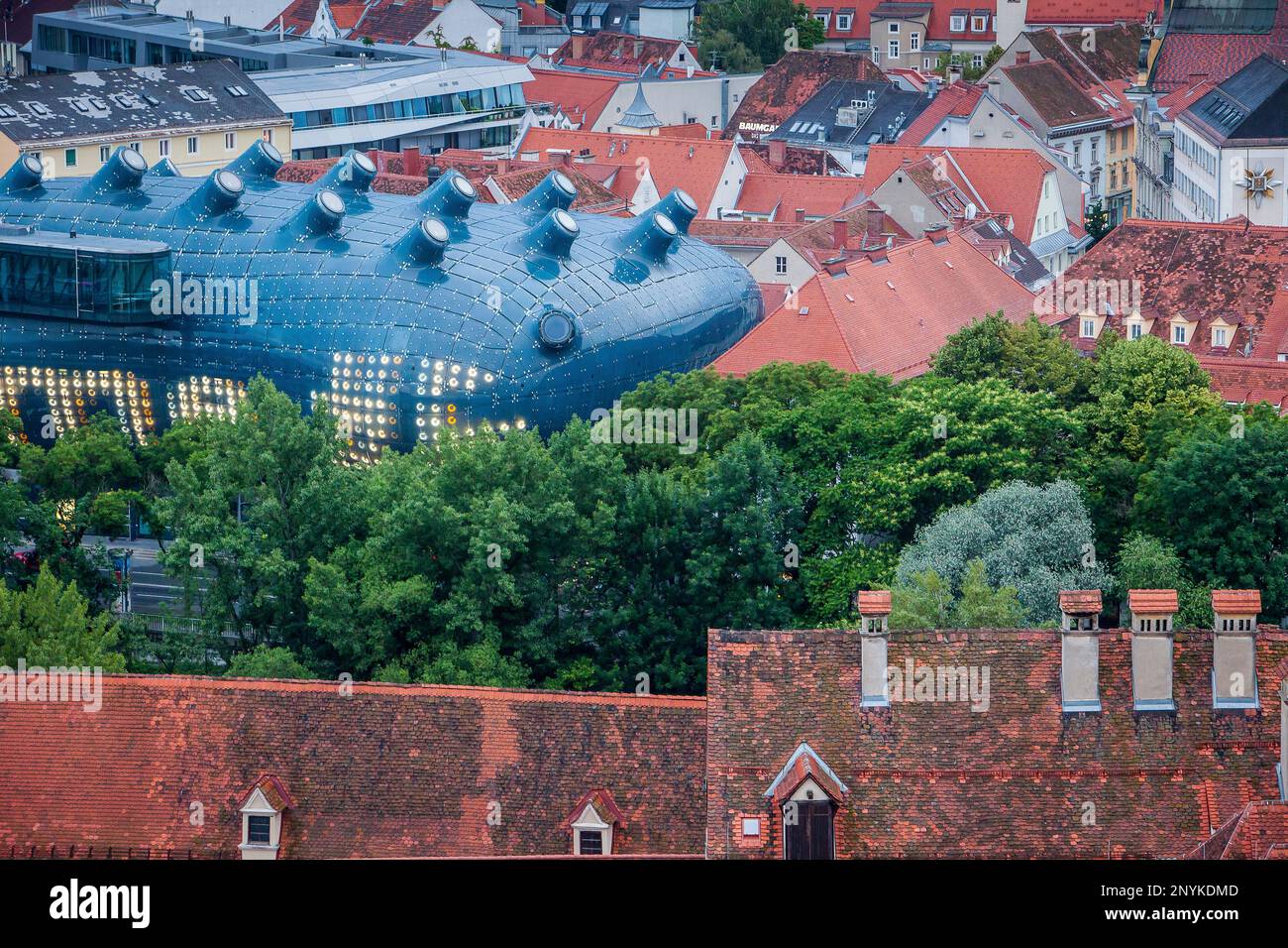 Roofs of the city and Kunsthaus, Graz Art Museum, view from Schlossberg ...