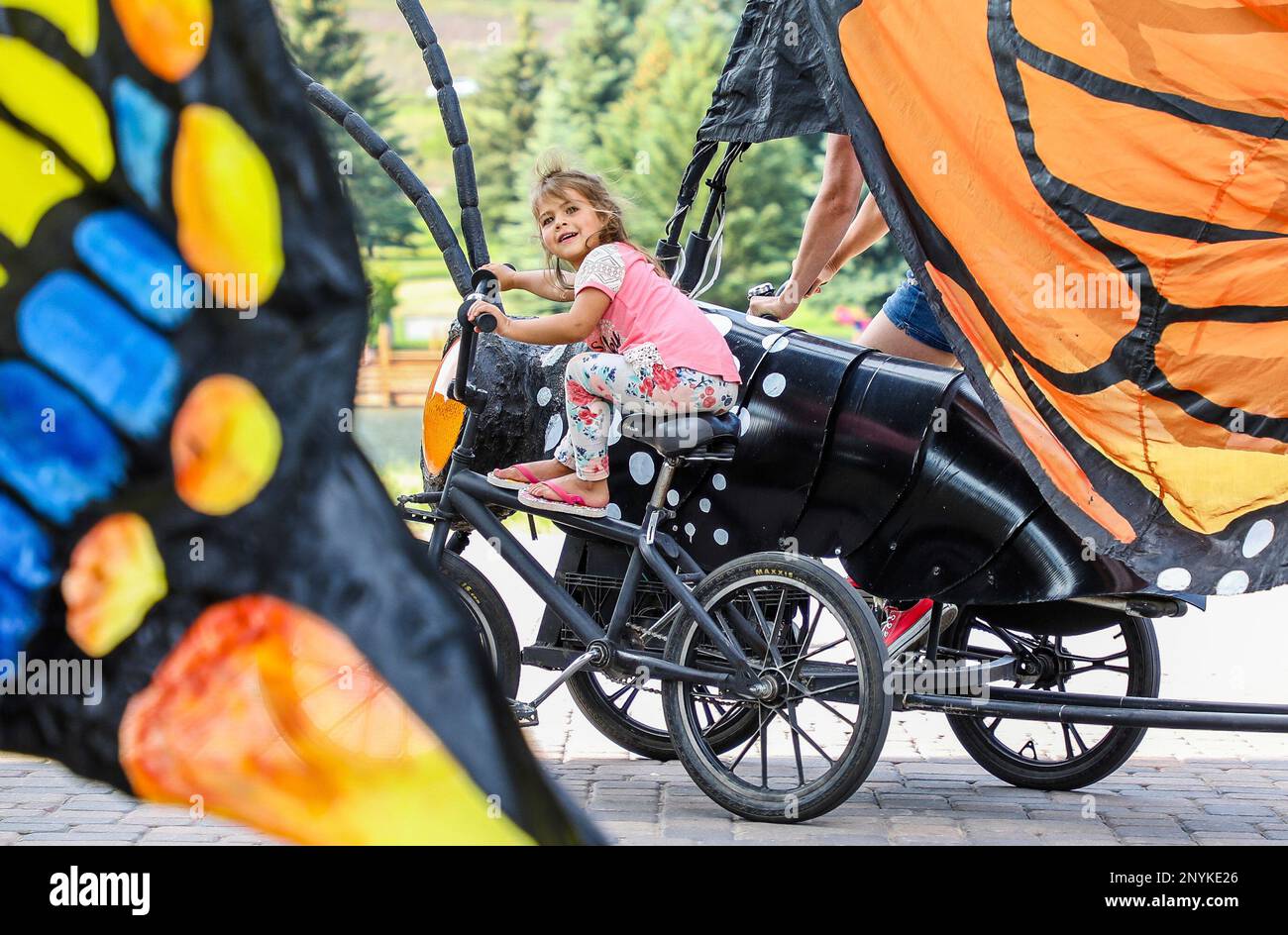 Elizabeth Ruth Thompson, 3, of Gypsum, Colo., rides an Austin Bike Zoo bike in Nottingham Park ...